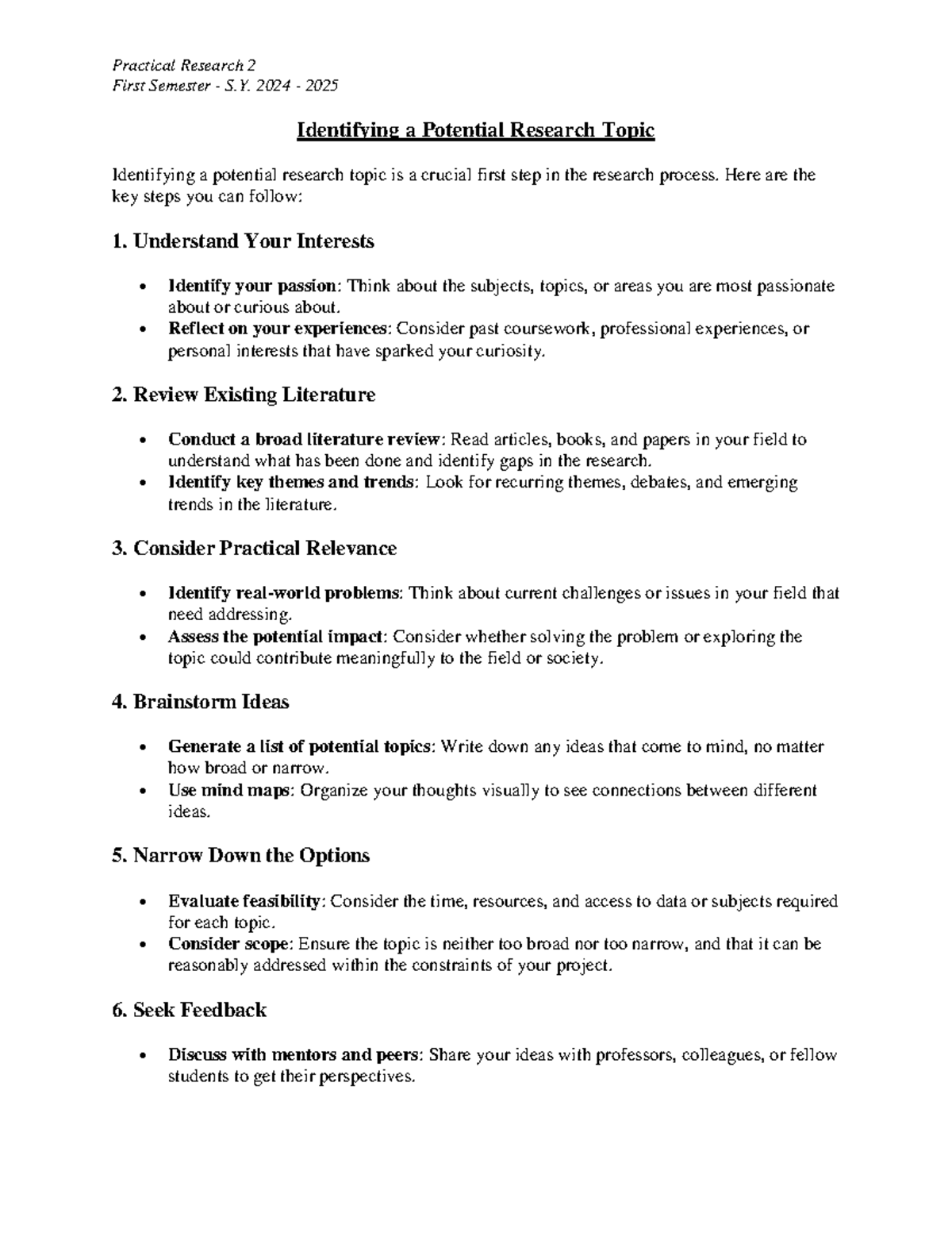 Identifying a Potential Research Topic - First Semester - S. 2024 ...