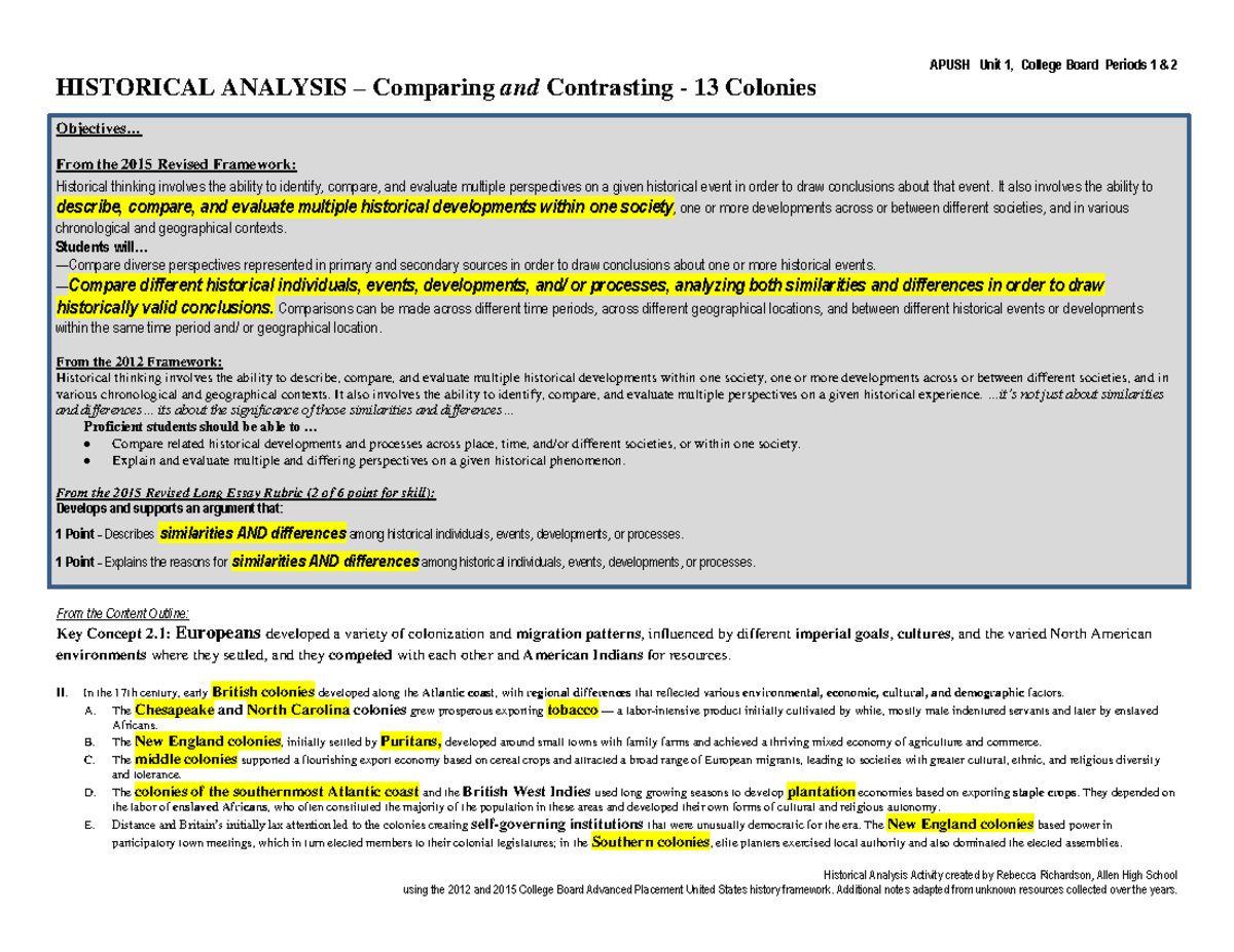 Comparing 13 Colonies Review Historical Analysis Activity Created comparing-13-colonies-review-historical-analysis-activity-created