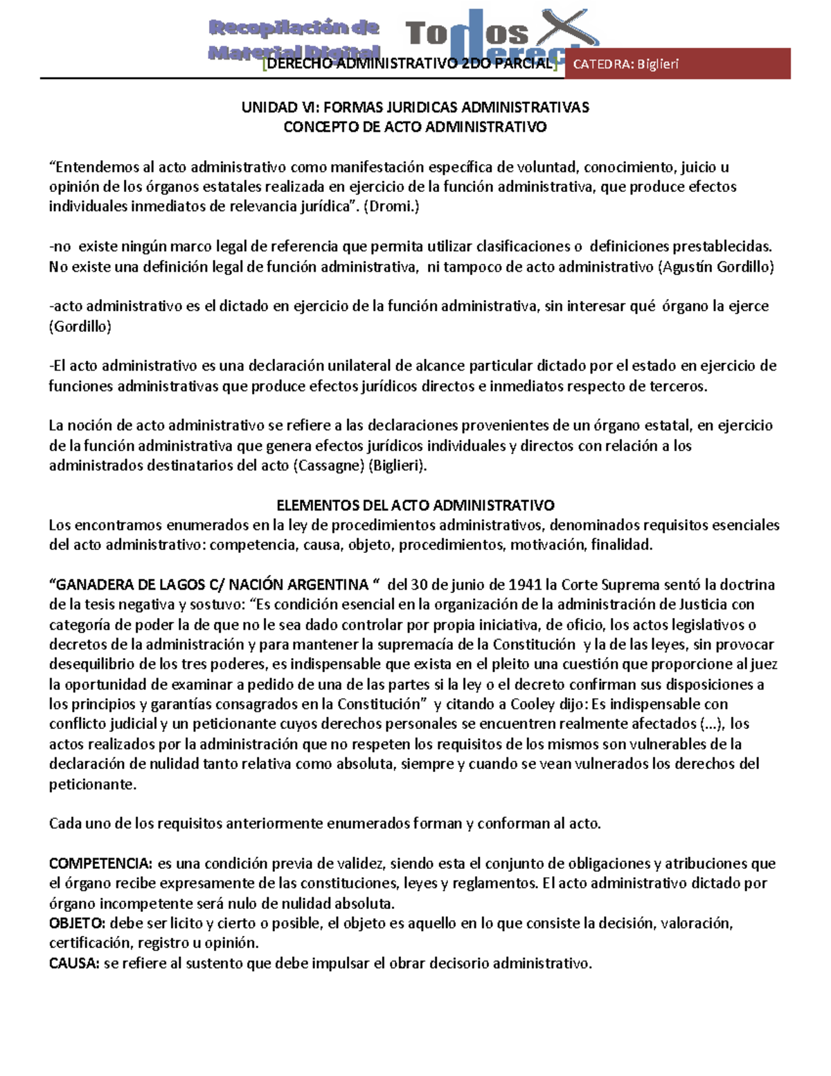 Administrativo con Biglieri 2do Parcial - UNIDAD VI: FORMAS JURIDICAS ...