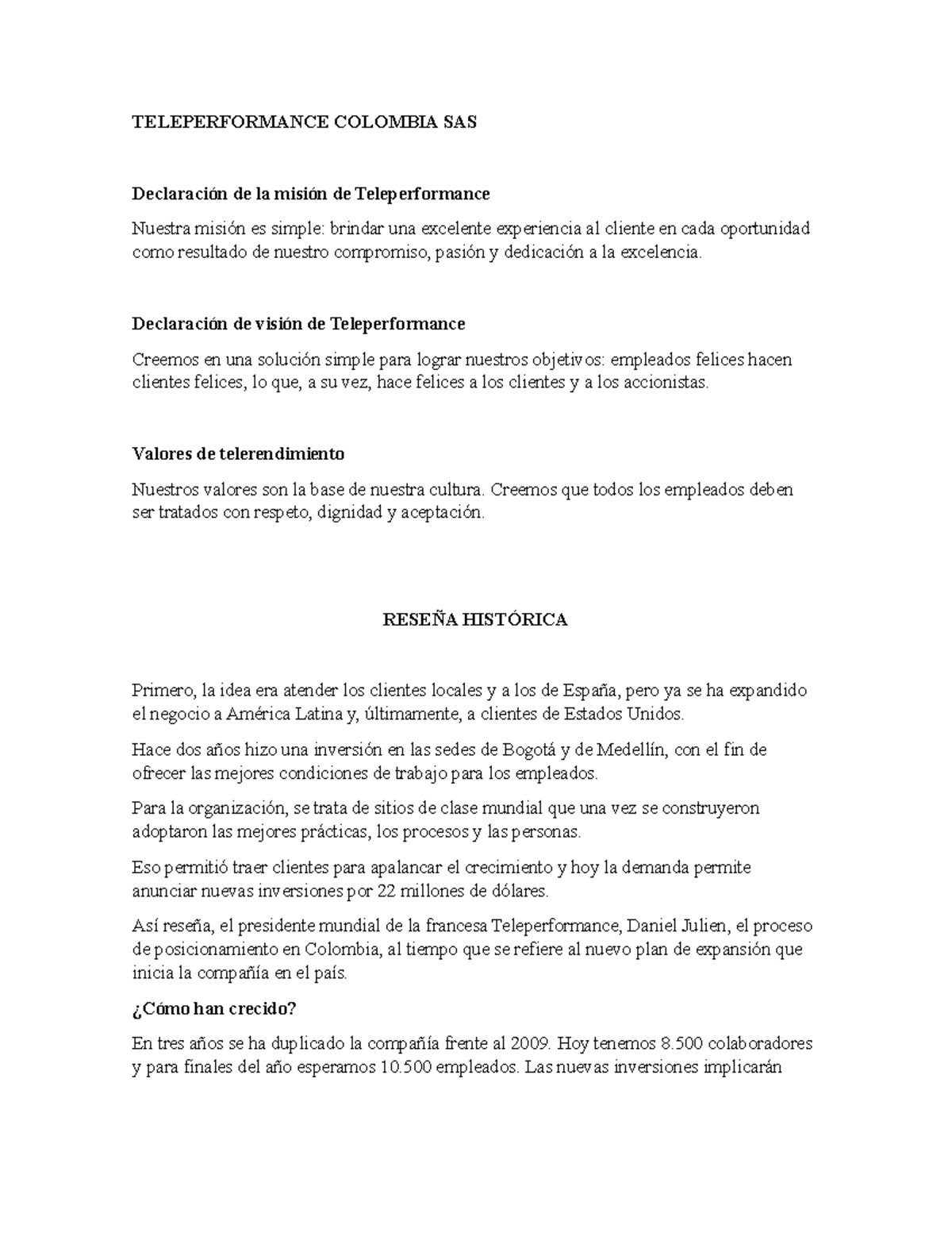 Teleperformance Colombia SAS - TELEPERFORMANCE COLOMBIA SAS Declaración ...