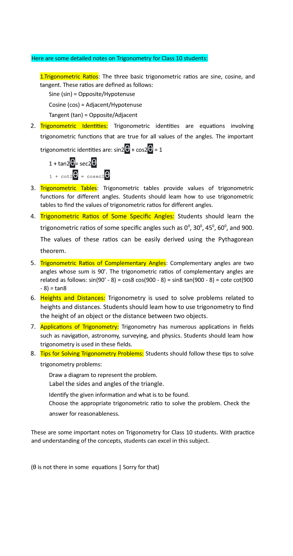 Trigonometry class 10 - Here are some detailed notes on Trigonometry ...