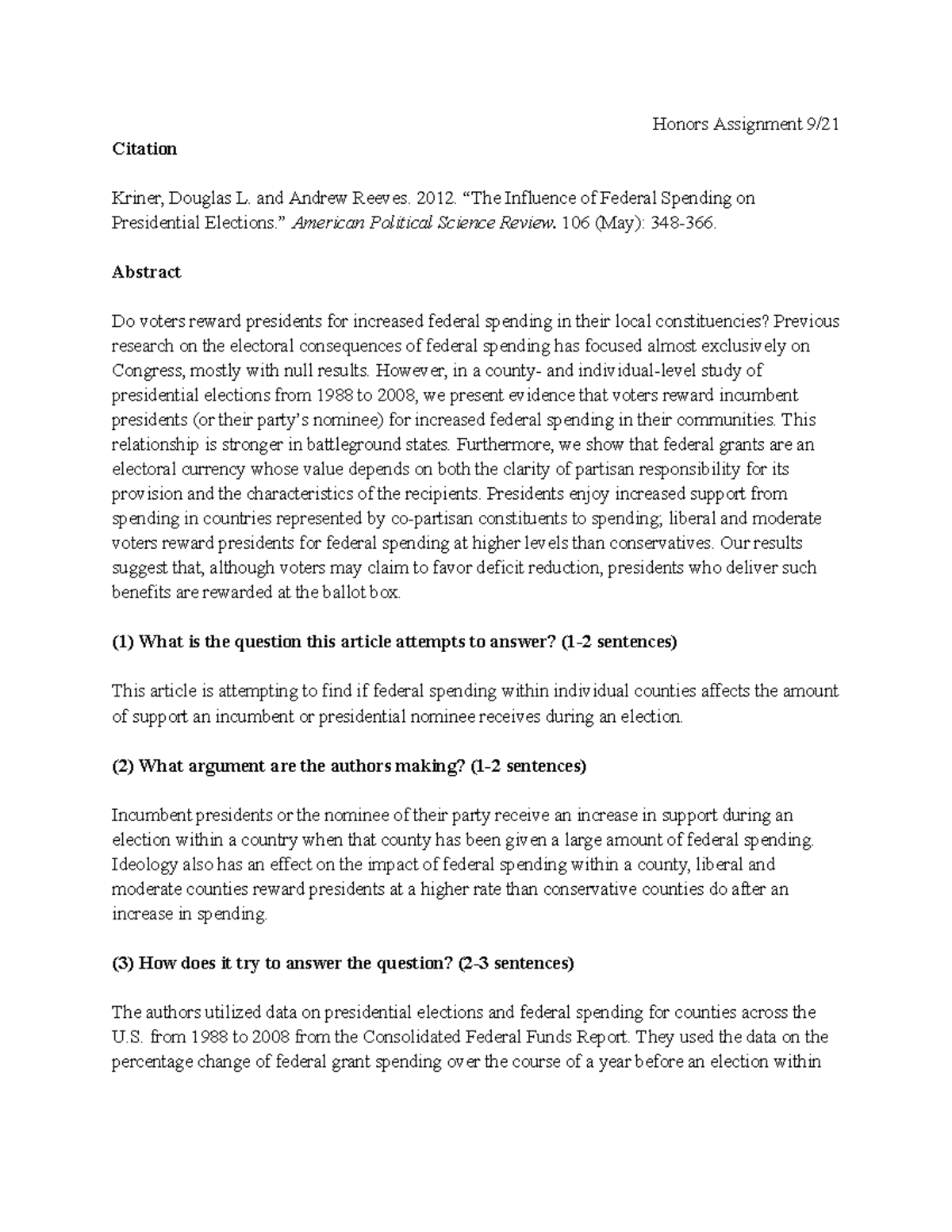 PLS200 Honors Assignment 9 21 - Honors Assignment 9/ Citation Kriner, Douglas L. and Andrew ...