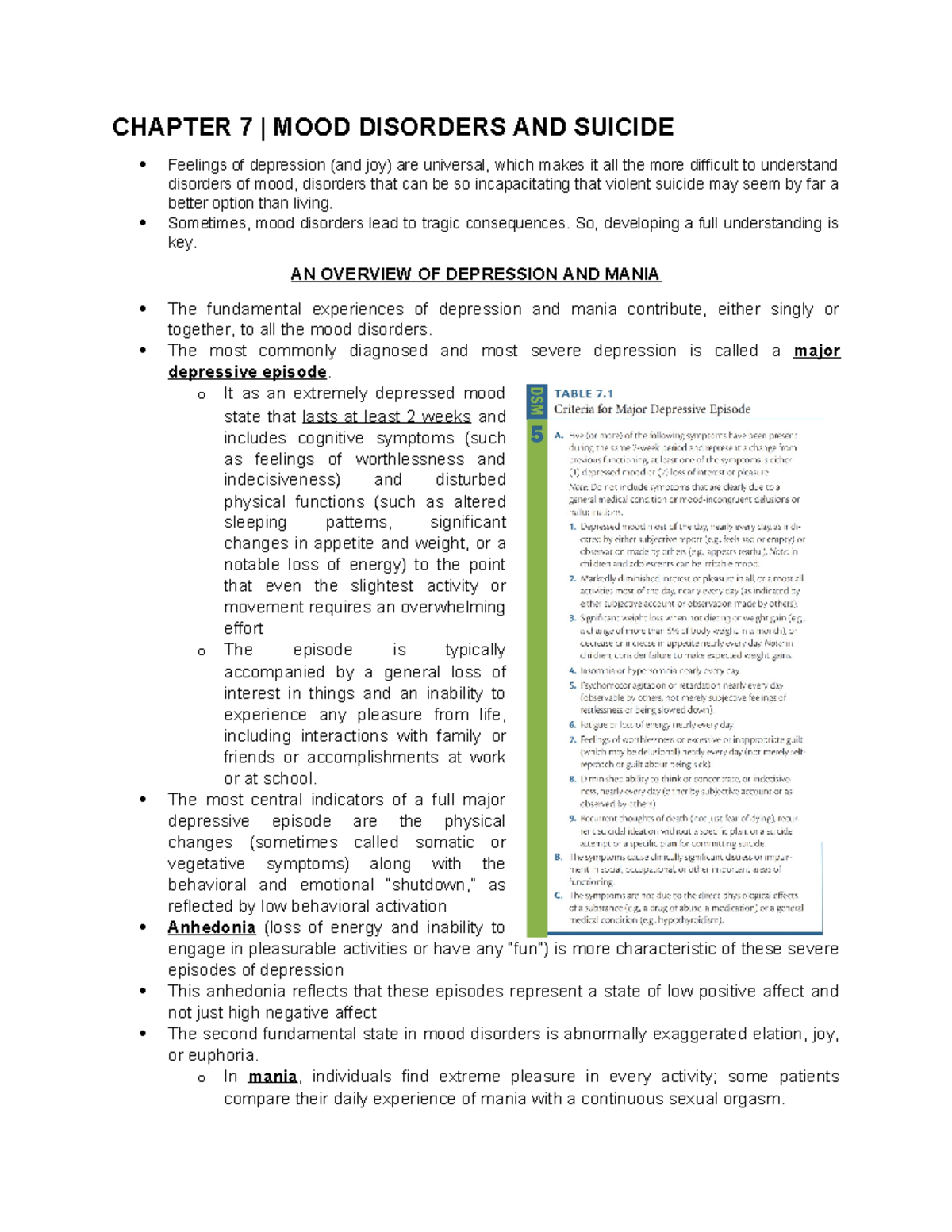 Chapter 7 - CHAPTER 7 | MOOD DISORDERS AND SUICIDE Feelings of ...