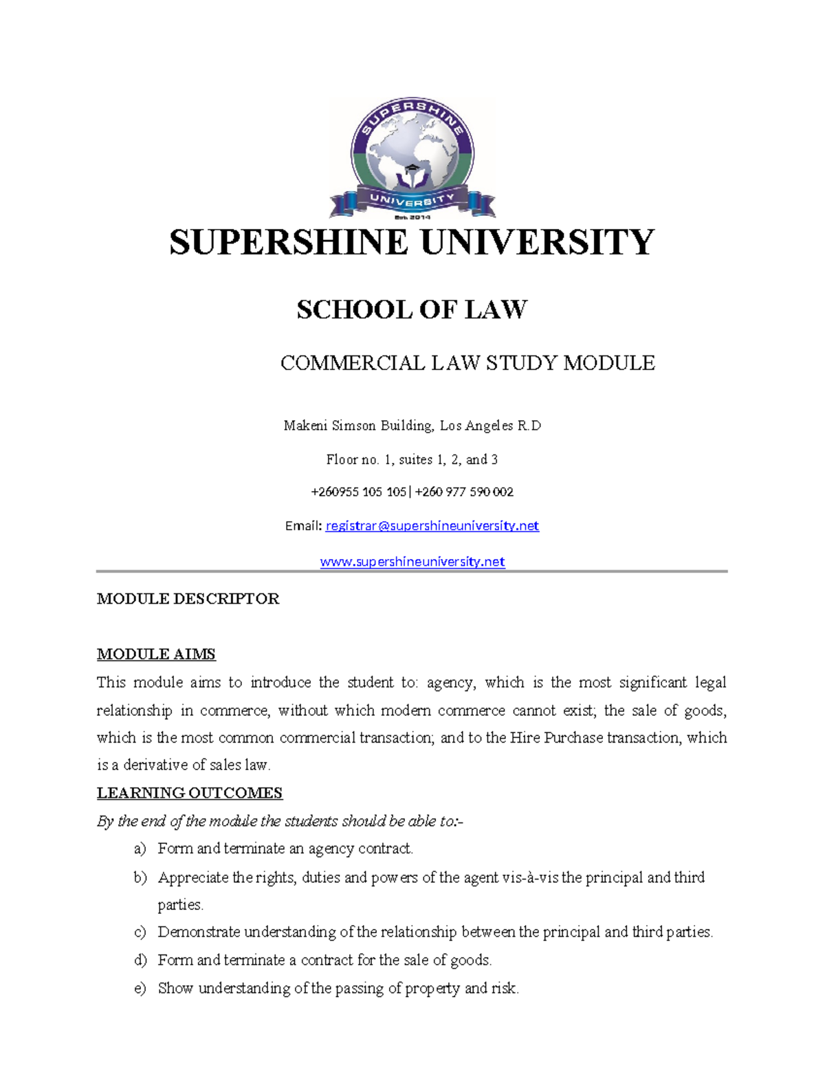 Commercial Law Module I - SUPERSHINE UNIVERSITY SCHOOL OF LAW ...
