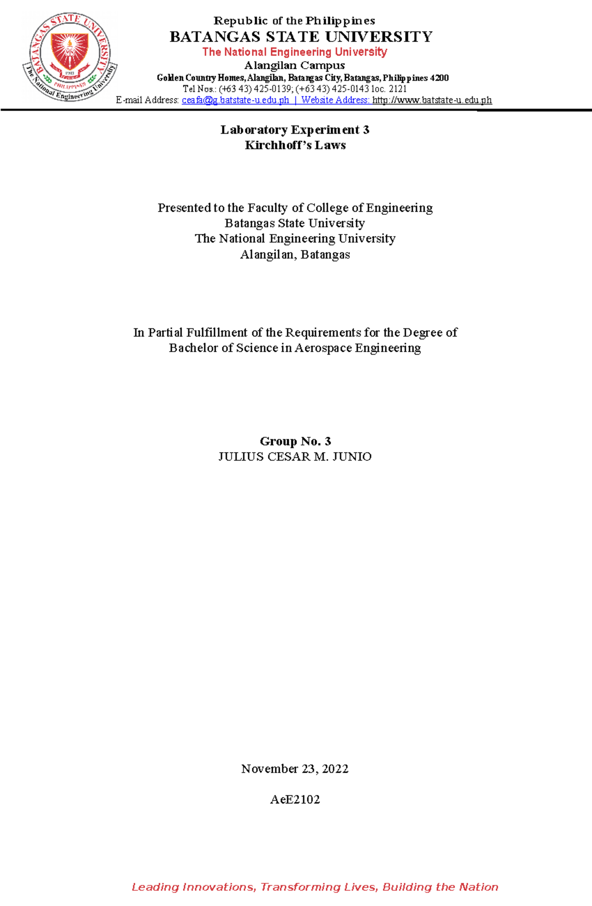 Ae E2102 - Laboratory Report 3 - Republic of the Philippines BATANGAS ...