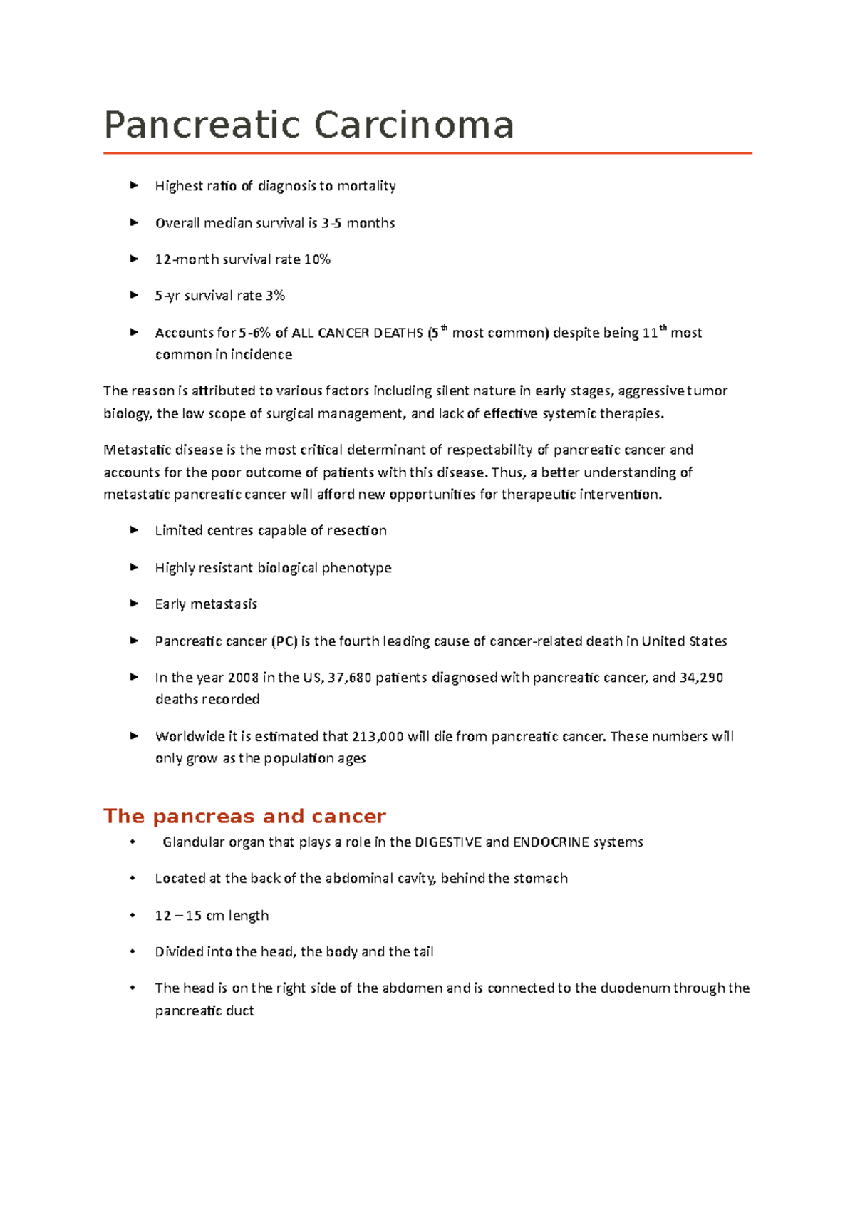 Pancreatic Carcinoma Notes - UWE - Studocu
