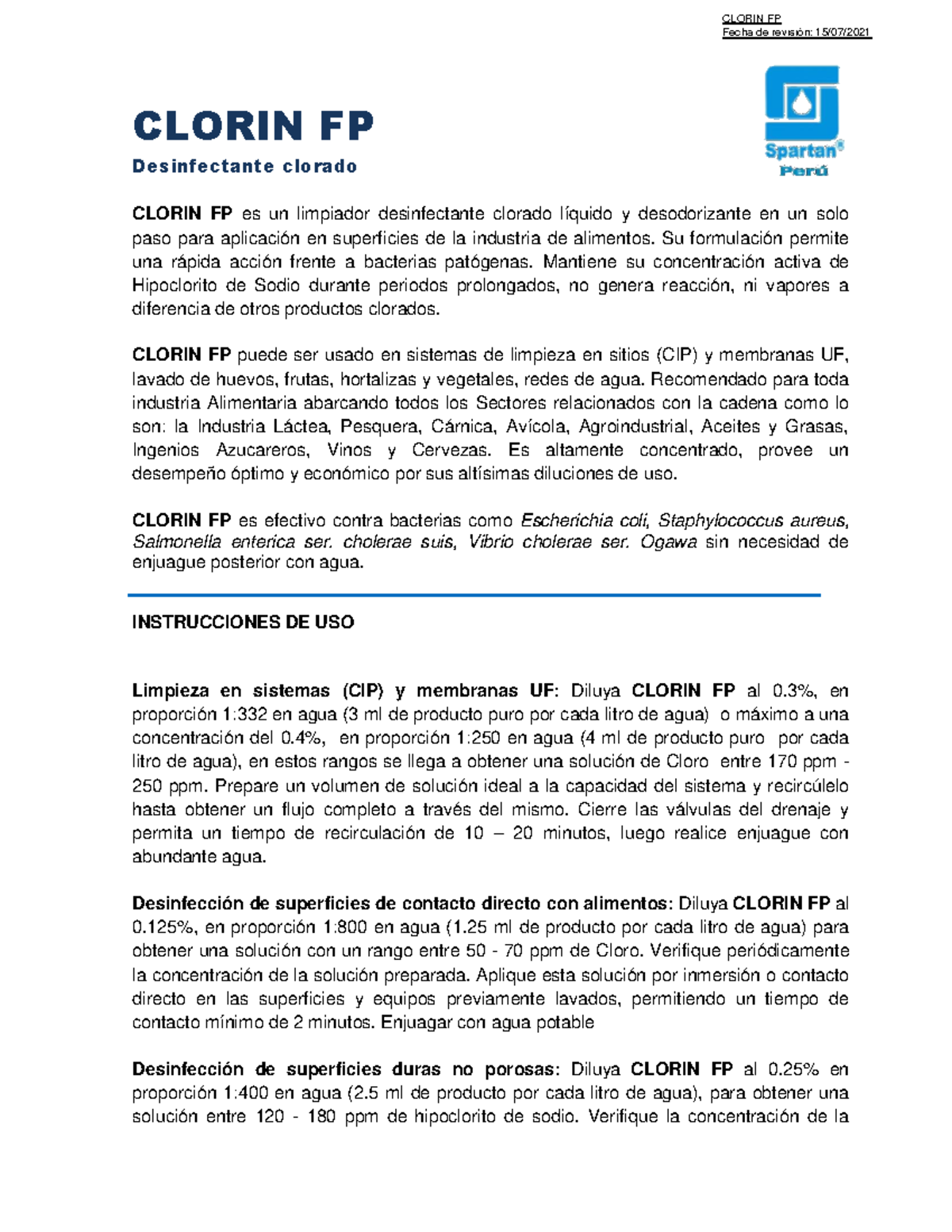 Clorin FP - Ficha Técnica - Fecha de revisión: 15/07/ CLORIN FP Desinfectante clorado CLORIN FP ...