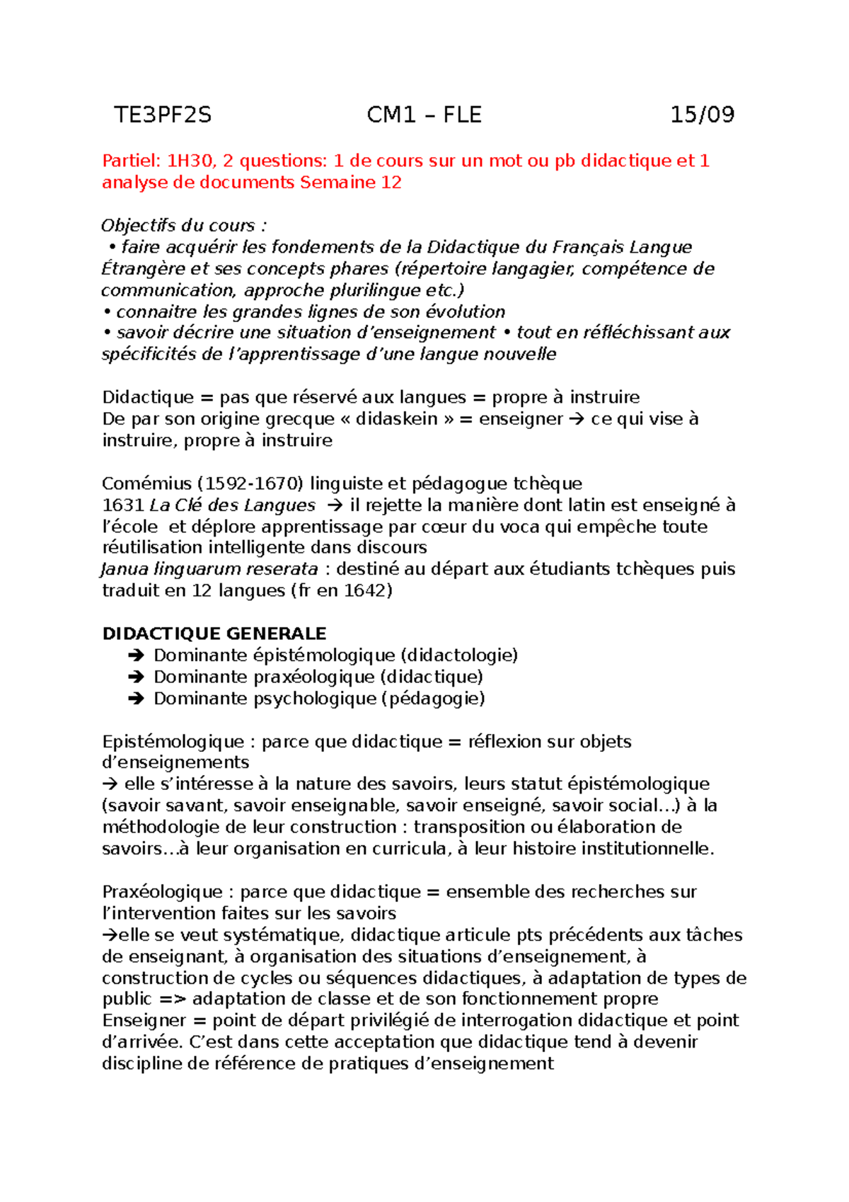 CM1 Didactique du FLE - TE3PF2S CM1 – FLE 15/ Partiel: 1H30, 2 ...
