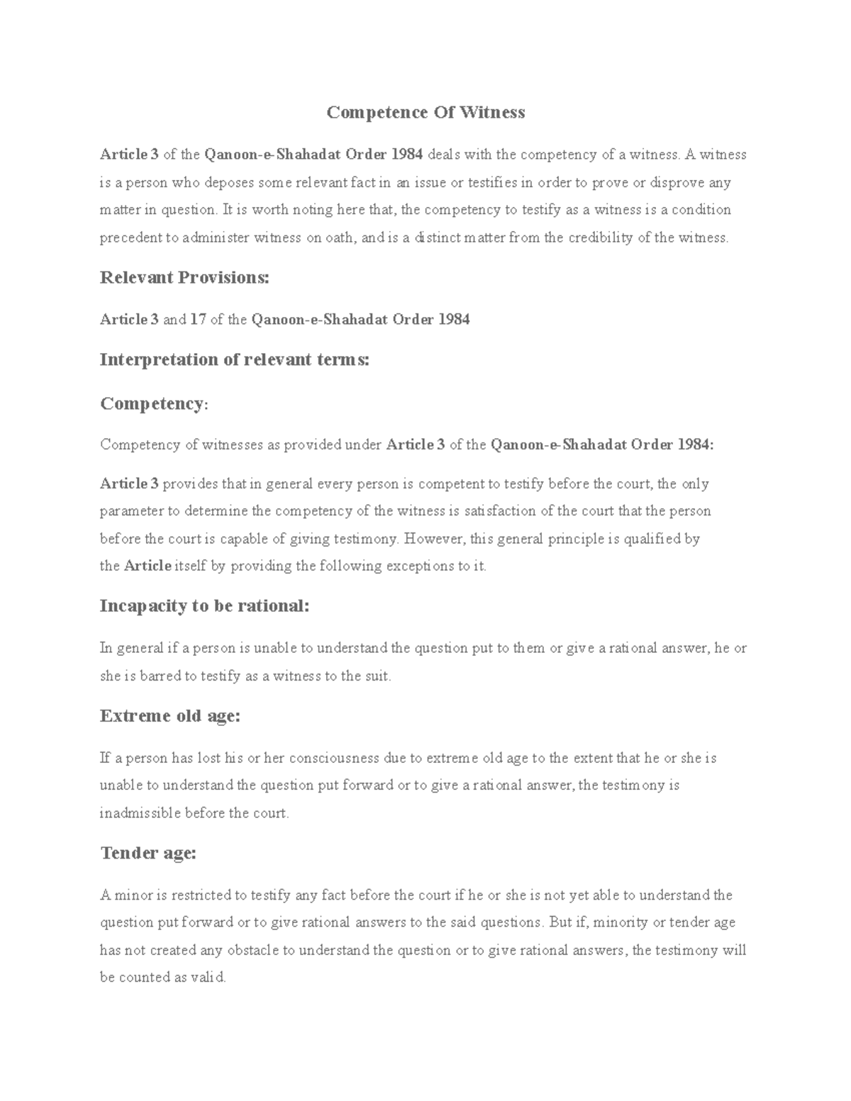 Competence Of Witnesses under Law of Evidence 1984 - Competence Of ...