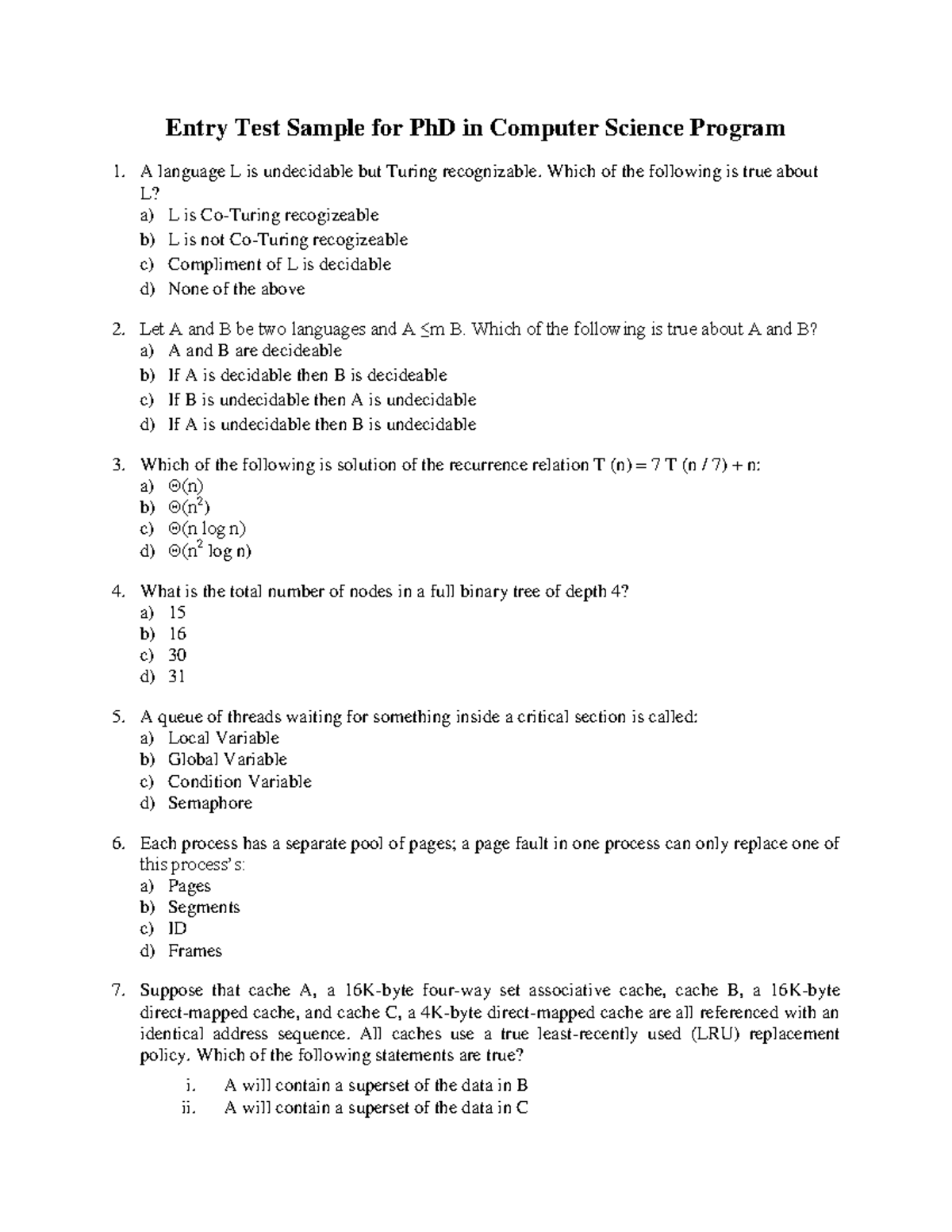 Graduate Admission Test - Entry Test Sample for PhD in Computer Science ...
