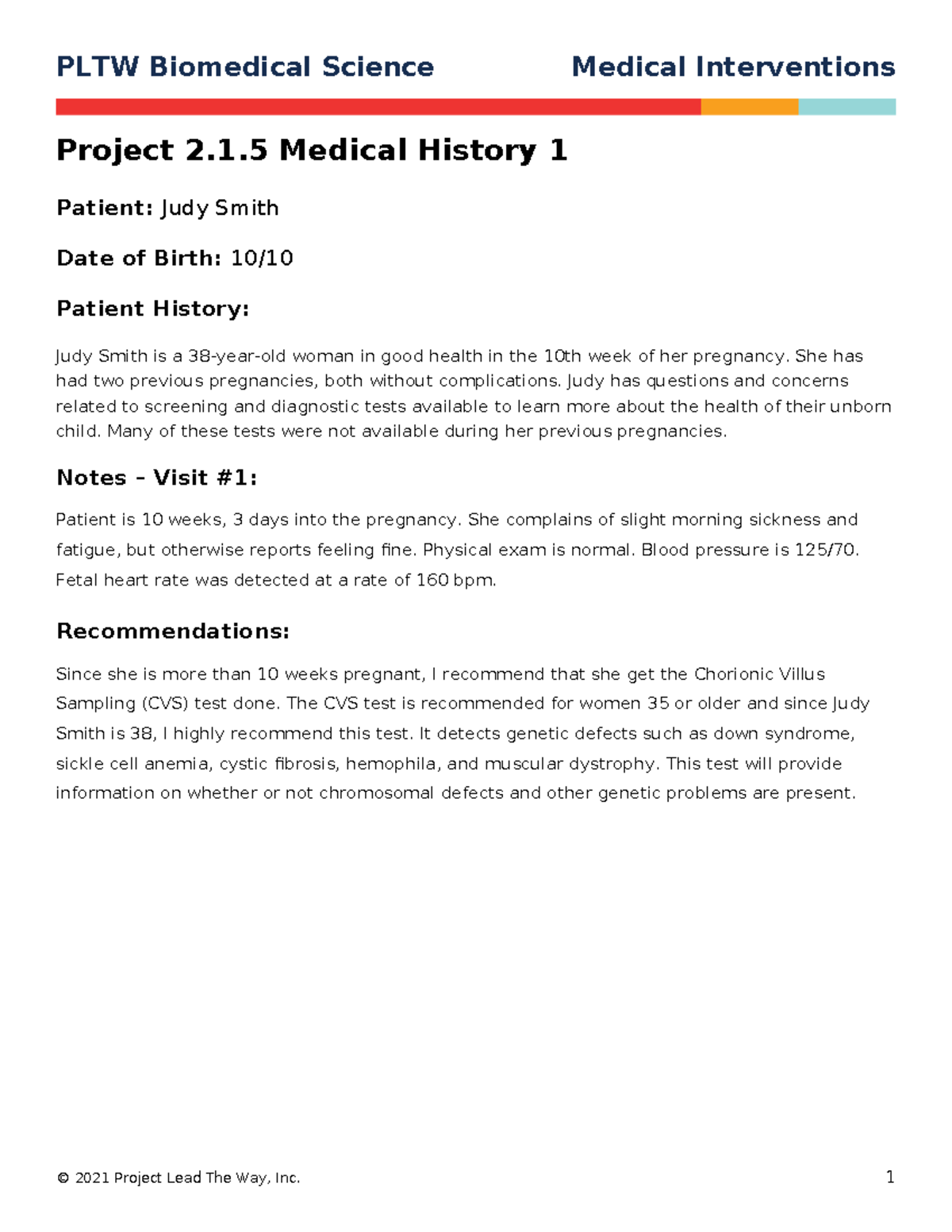 MI 215 Med History 1 - PLTW Biomedical Science Medical Interventions ...