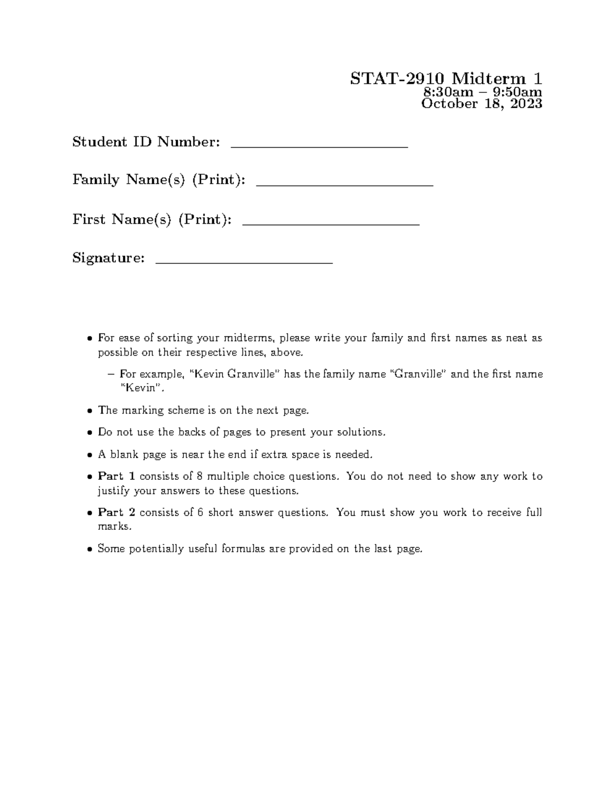 23f-2910-Midterm 1 - Cover Pages and Formula Sheet - STAT-2910 Midterm ...