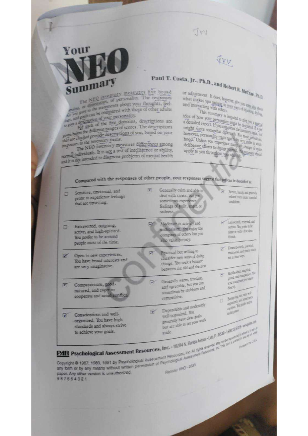 Neo Summary - Masters in Psychology - Studocu