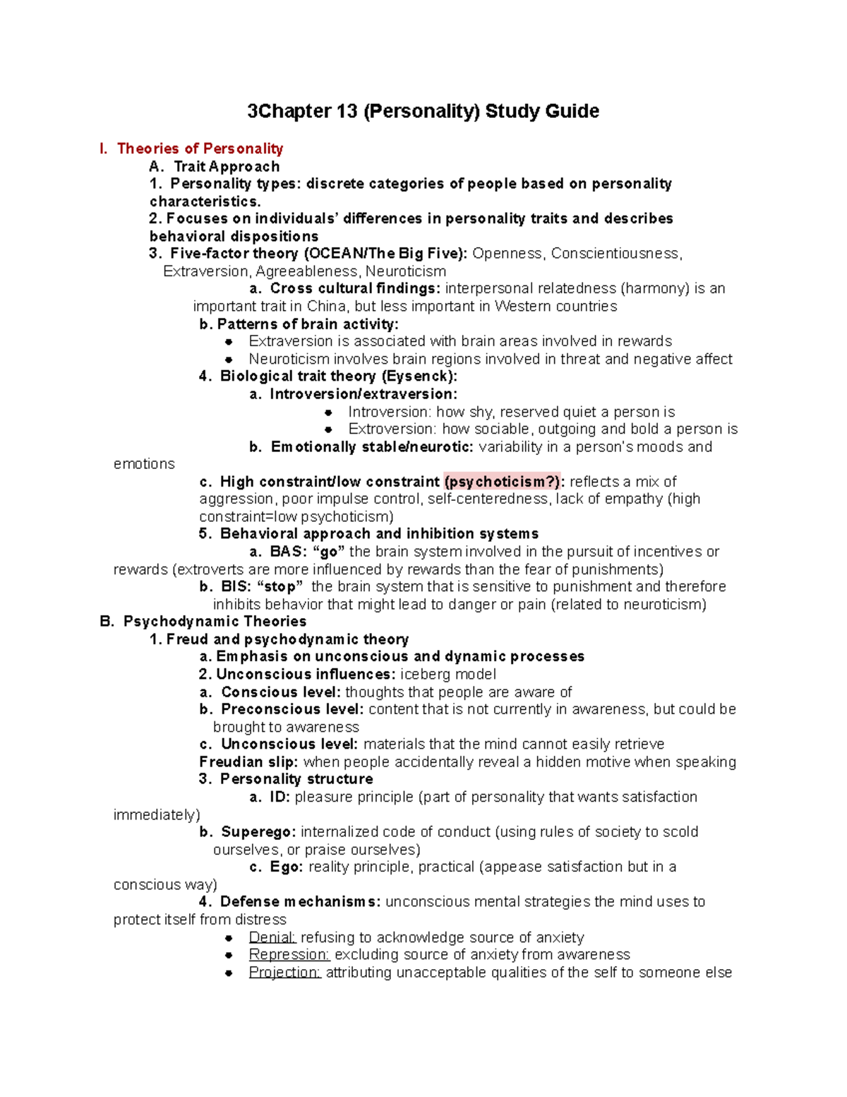 Chapter 13 (Personality) Study Guide - 3Chapter 13 (Personality) Study ...