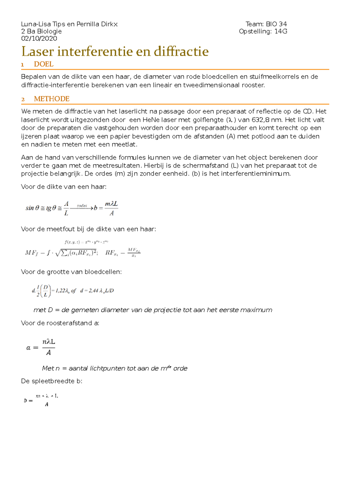 Practicum 1 diffractie - 2 Ba Biologie Opstelling: 14G 02/10/ Laser ...