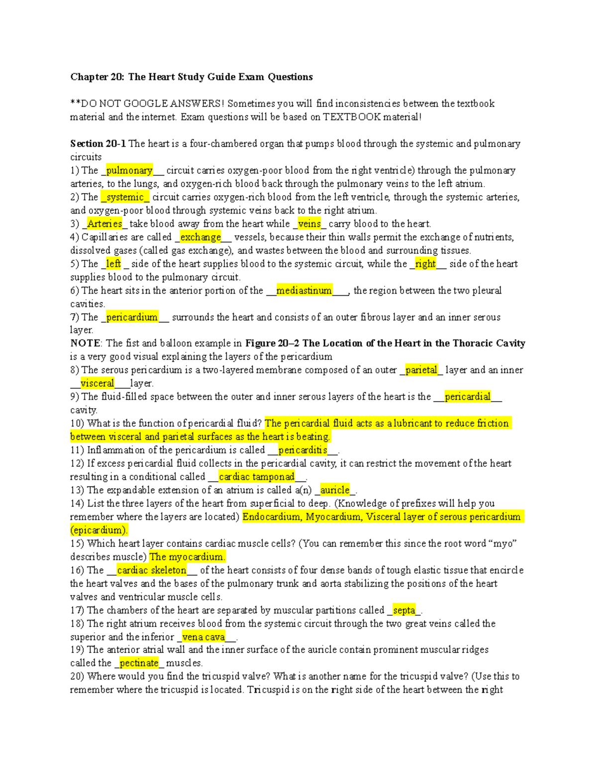 Ch 20 Study Guide A&P - Chapter 20: The Heart Study Guide Exam ...