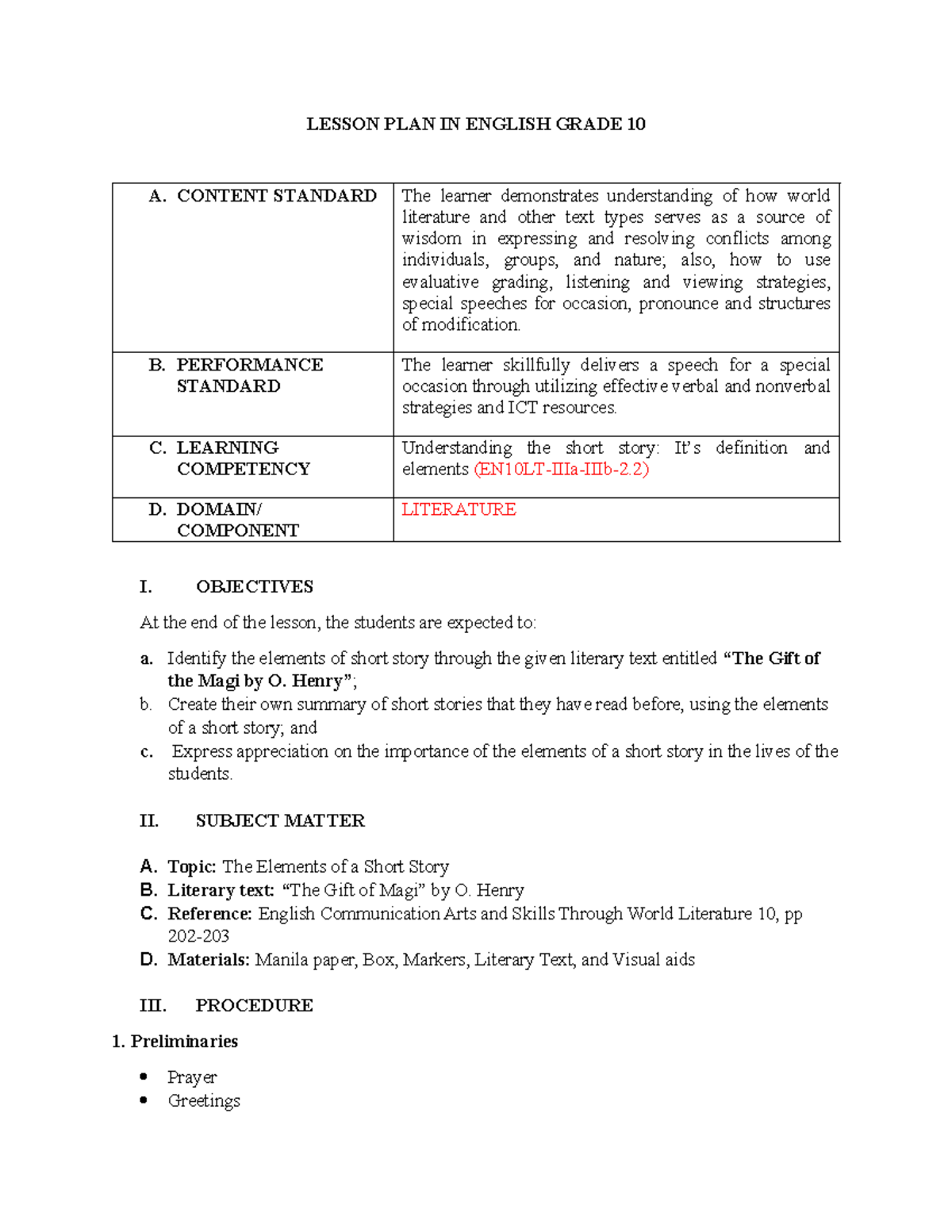 MY FS2 DEMO Topic - Lesson Plan - LESSON PLAN IN ENGLISH GRADE 10 A ...