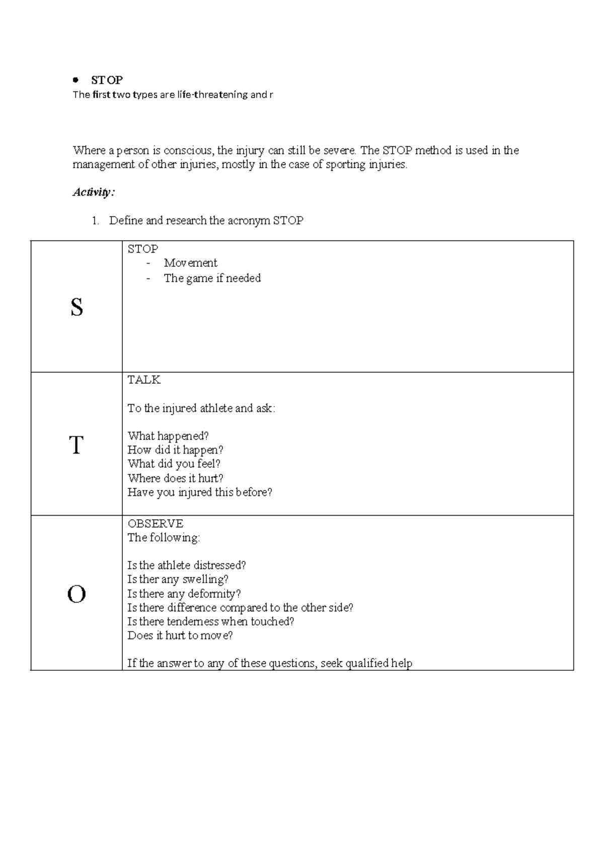 STOP Worksheet - jjjj - STOP The first two types are life-threatening ...