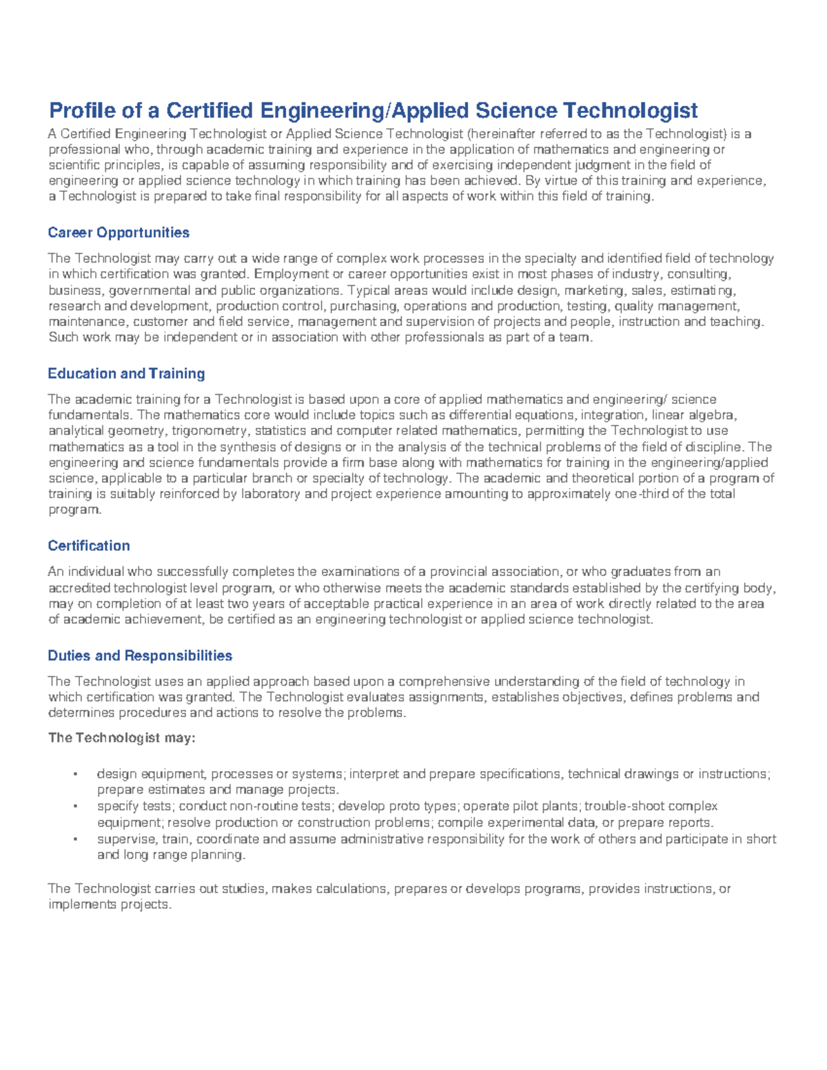 Profile of a Certified Engineering Technologist - Profile of a ...