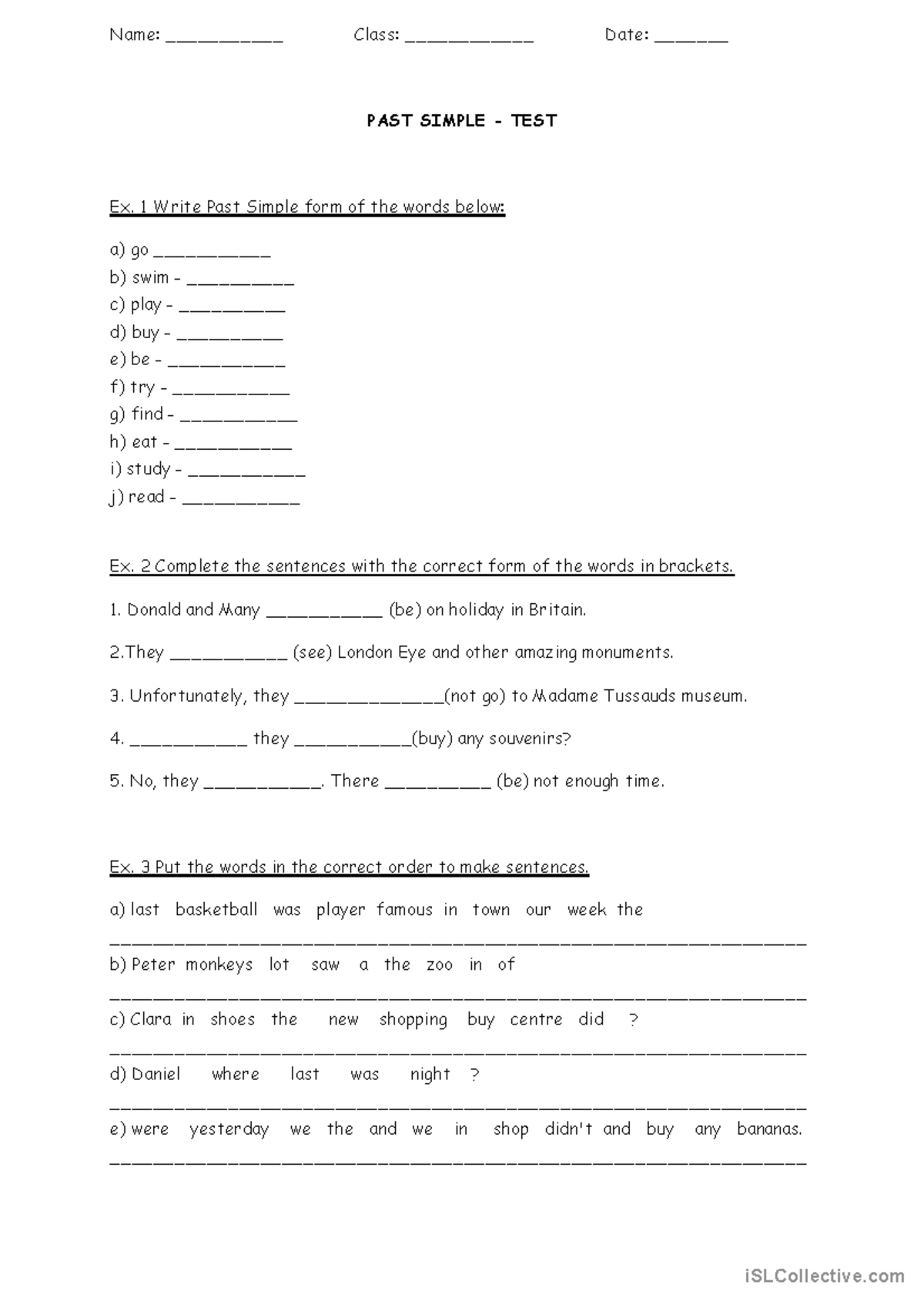 Quick Past Simple Test - Elementary Level - Name: ___________ Class ...