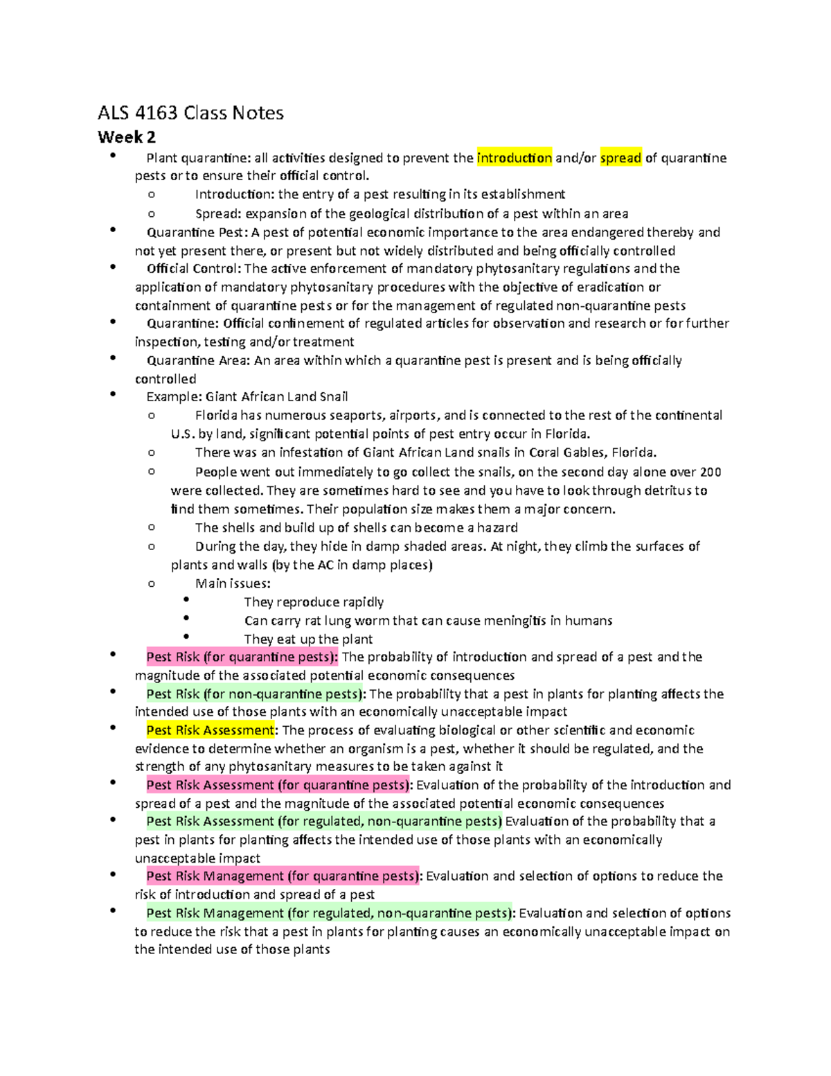 ALS 4163 Class Notes - ALS 4163 Class Notes Week 2 Plant quarantine ...