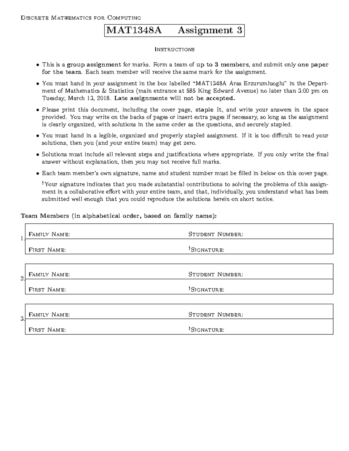 MATH 1348A - Assignment 3 - Discrete Mathematics for Computing MAT1348A ...