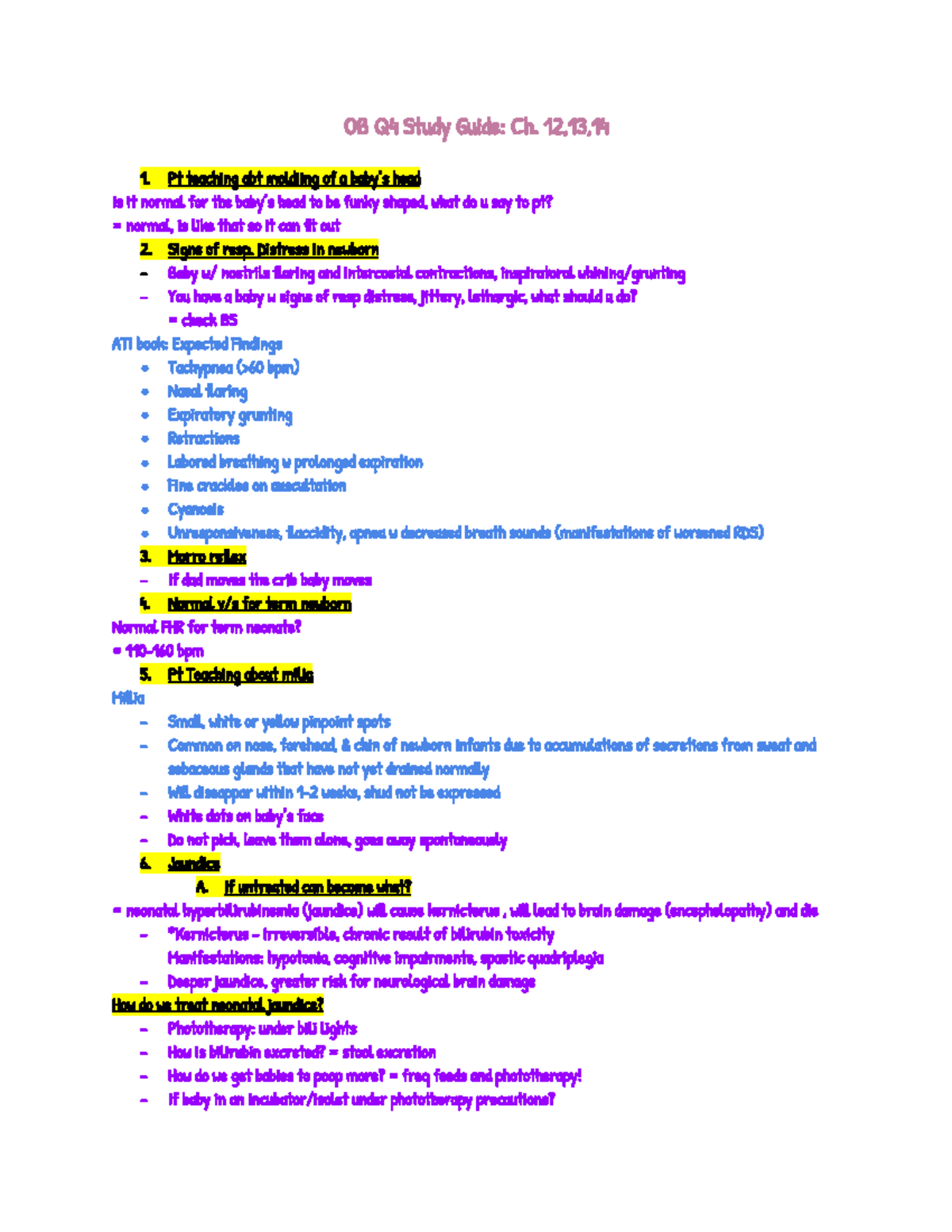 OB Q4 Ch. 12,13,14 - notes - OB Q4 Study Guide: Ch. 12,13, Pt teaching ...