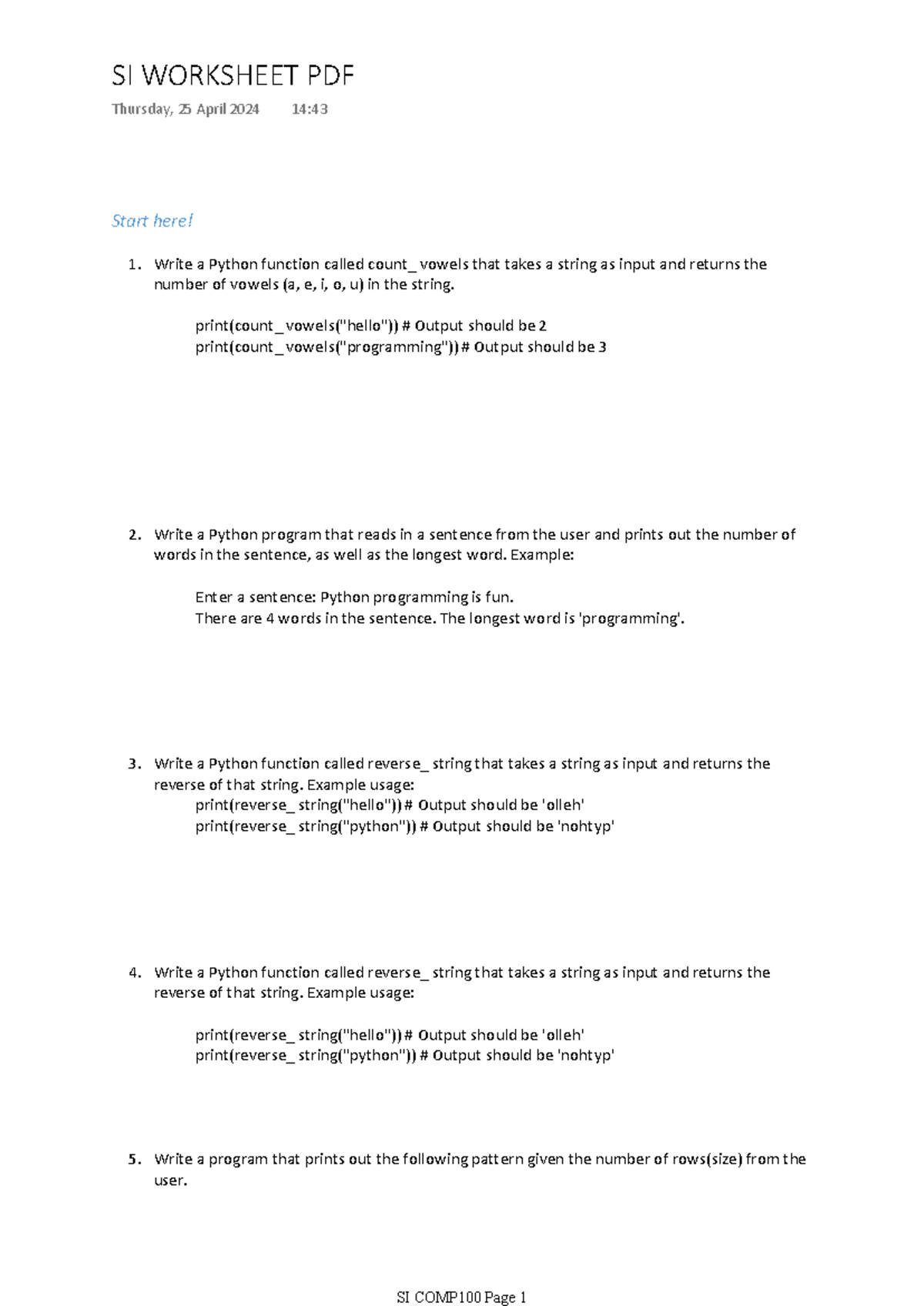 SI Worksheet (25-04-2024) - Start here! Write a Python function called count_ vowels that takes ...