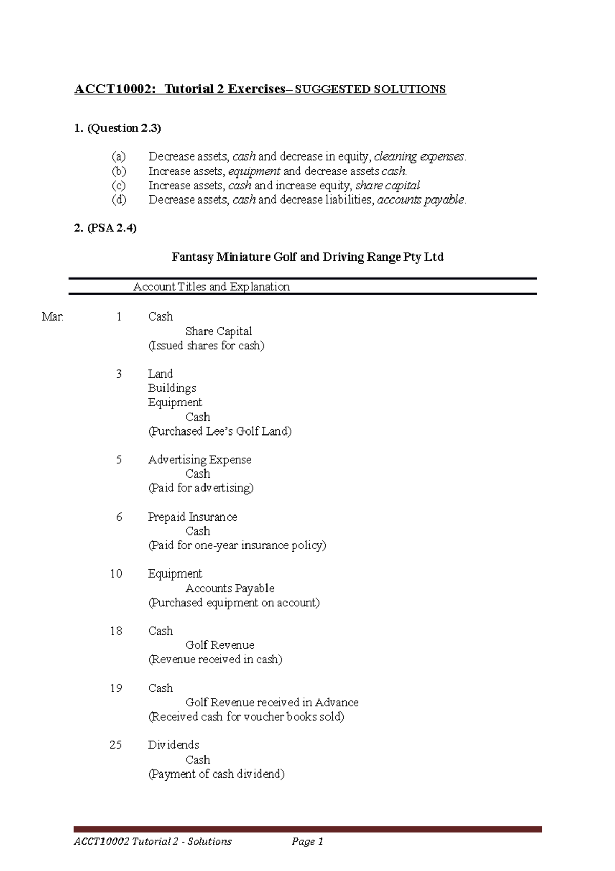 ACCT10002 Tutorial 2 Solutions - ACCT10002: Tutorial 2 Exercises – SUGGESTED SOLUTIONS 1 ...