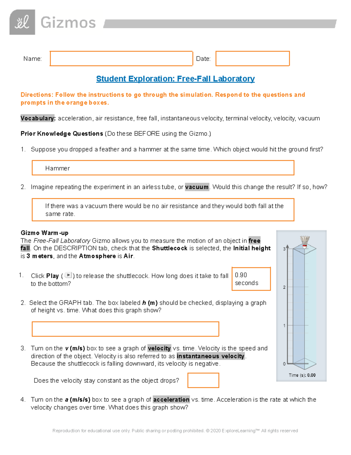 Free Fall Gizmo - Name: Date: Student Exploration: Free-Fall Laboratory ...
