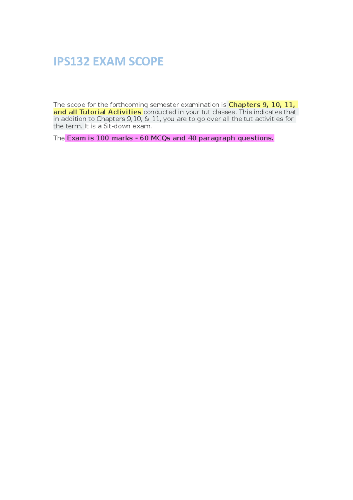 IPS132 EXAM Scope - It might make it easier for you to study - IPS132 ...