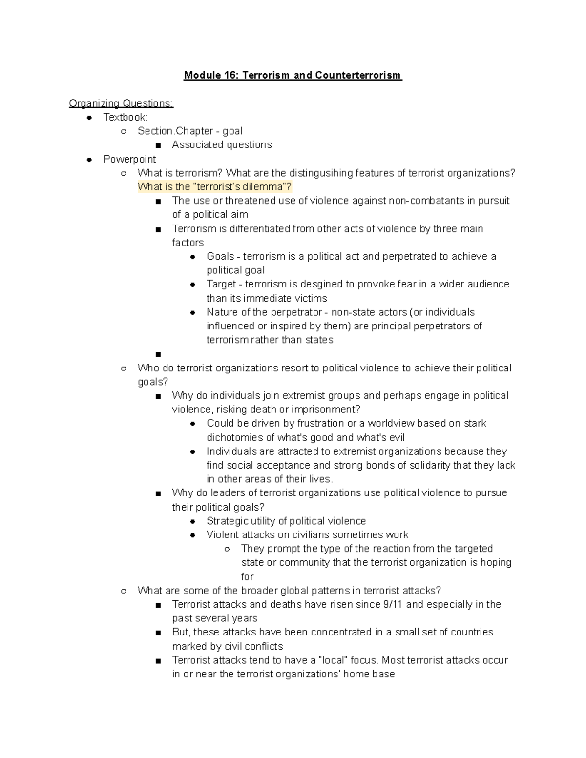 Module 16 Notes - Terrorism and Counterterrorism (Textbook Readings not ...