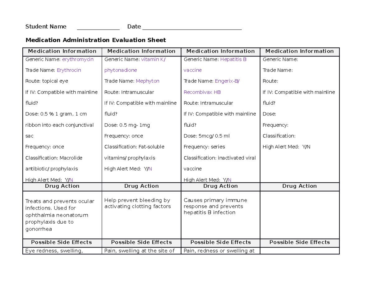 Medication Cards - Student Name Date Medication Administration ...