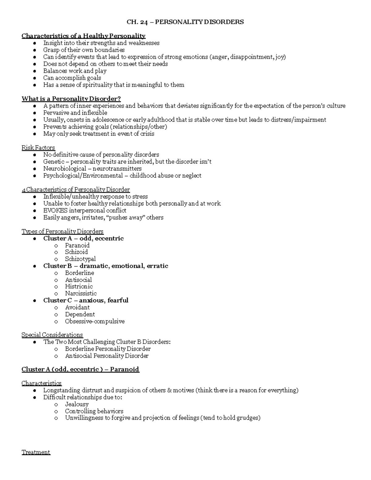 Ch. 24 Personality Disorders - CH. 24 – PERSONALITY DISORDERS ...