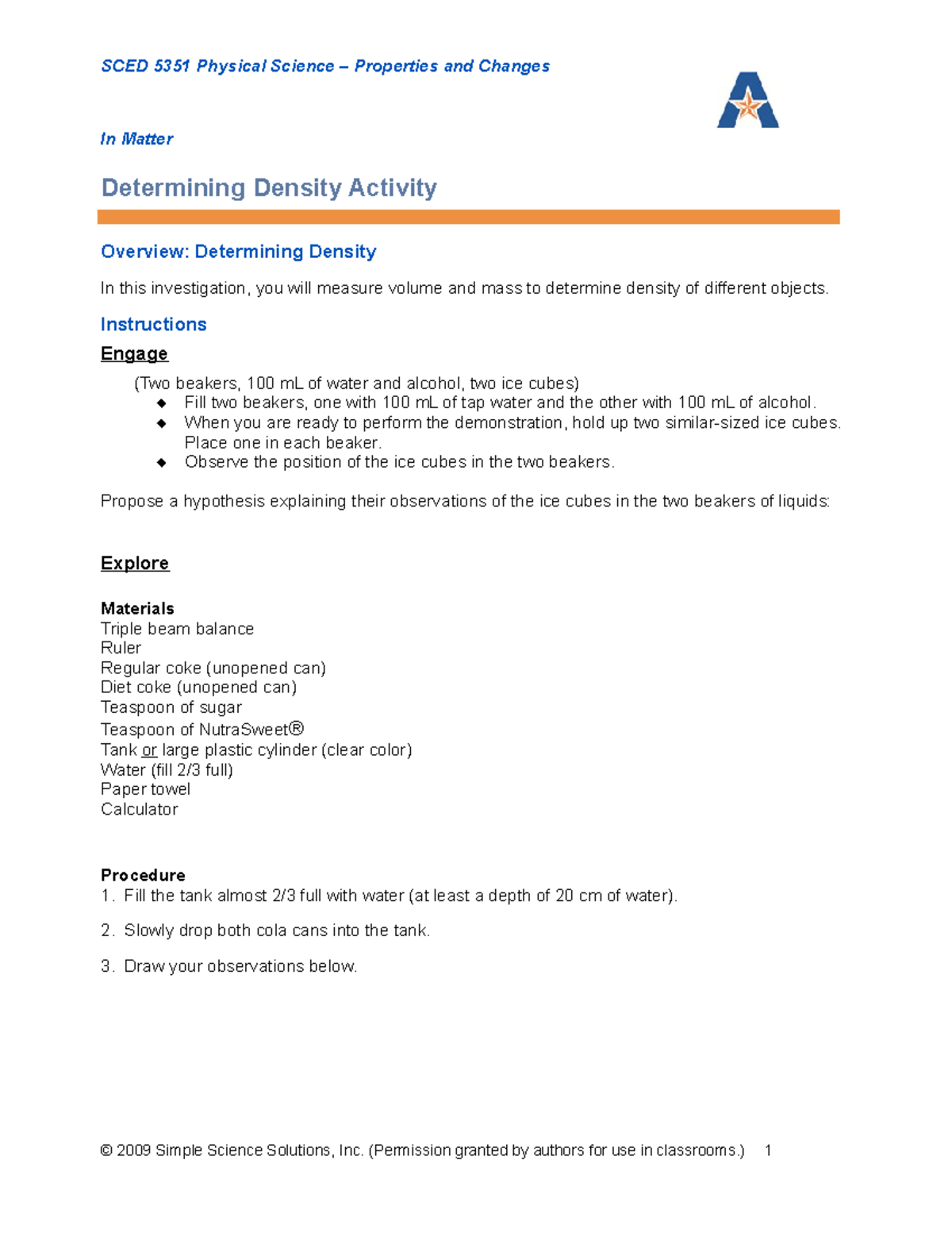 Determining Density - An exercise for science classes grades five to ...