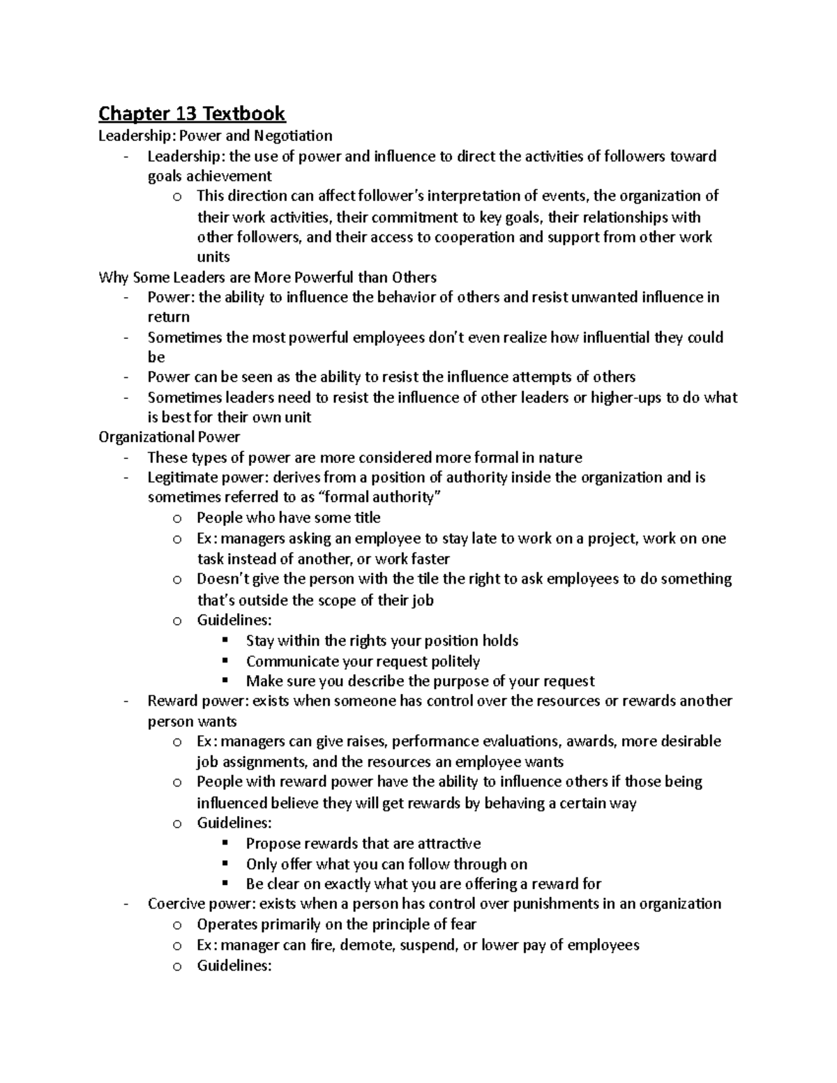 chapter 13 textbook notes - Chapter 13 Textbook Leadership: Power and ...