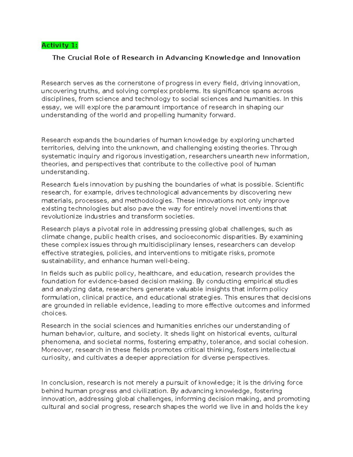 Importance of Research - Activity 1: The Crucial Role of Research in ...