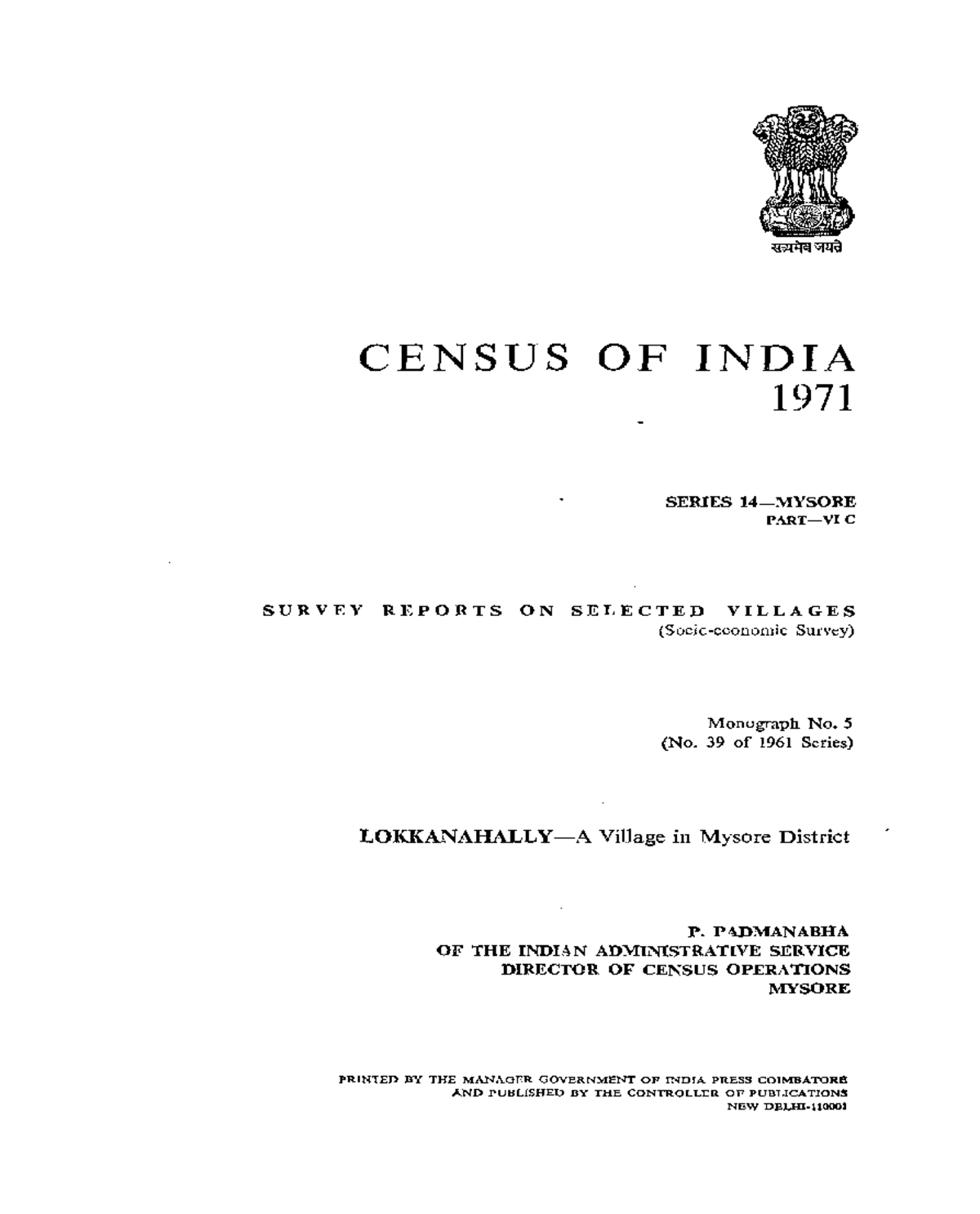 45814 1971 LOK - CENSUS OF INDIA 1~} SERIES 14-MYSORE PART-VIC SURVEY ...