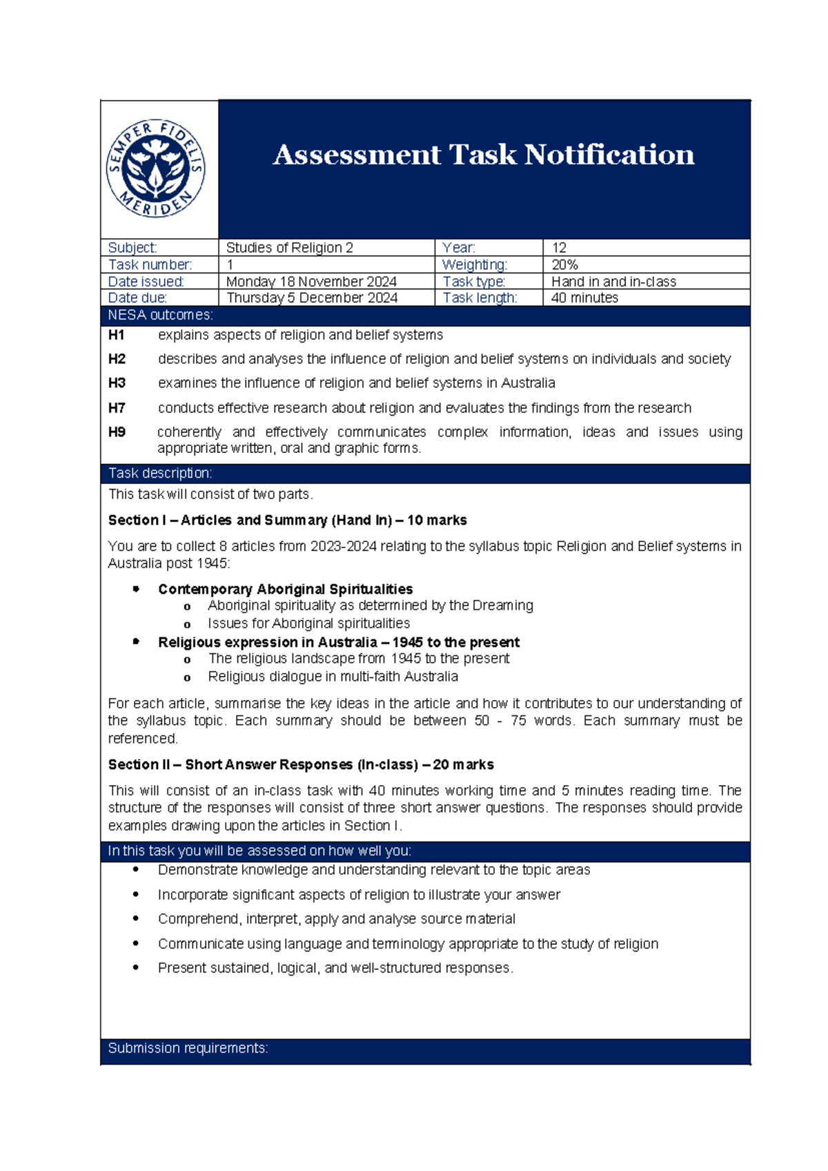 Year 12 SOR 2 HSC Task 1 Notification 2025 - Assessment Task ...