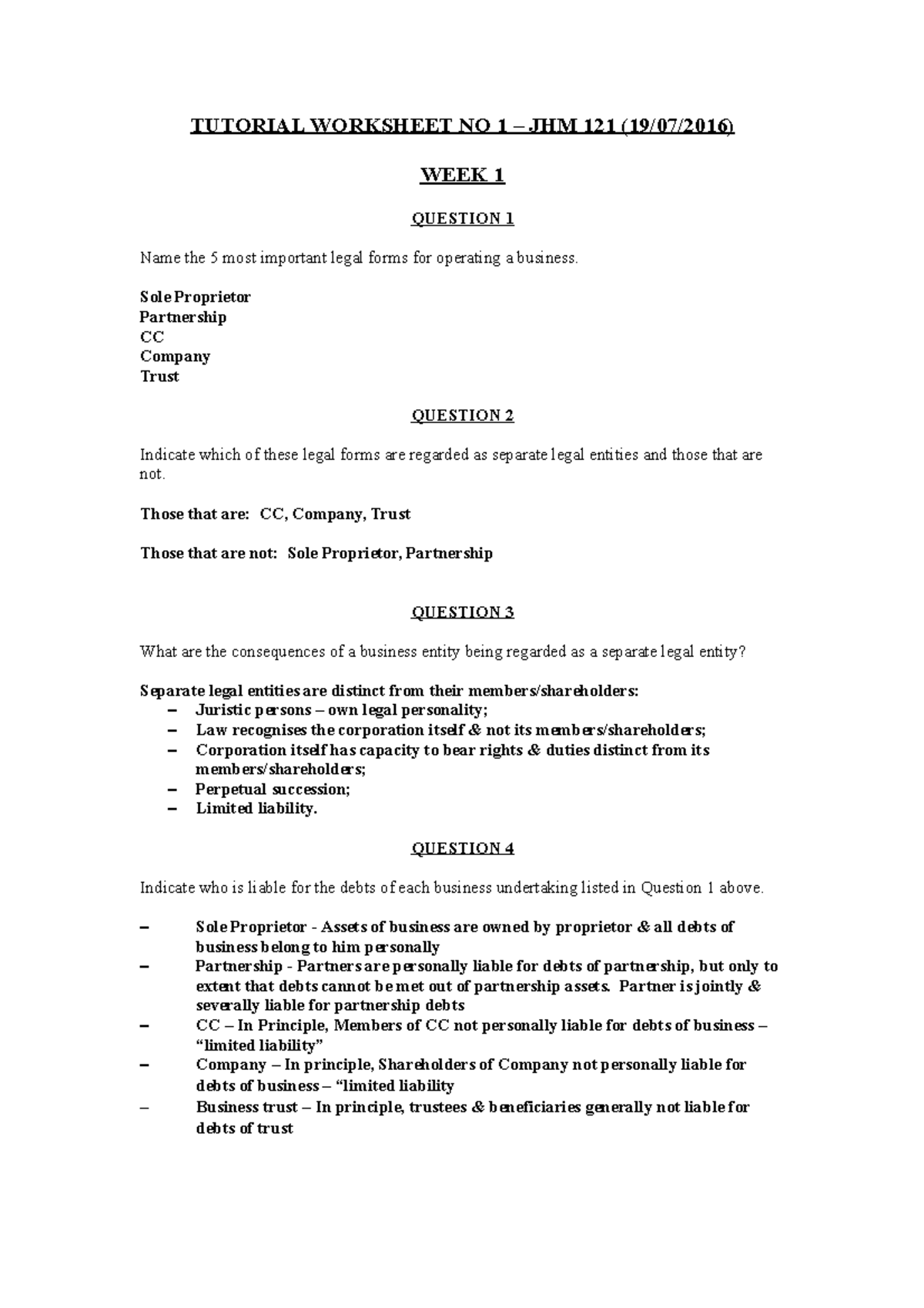 JHM121 - Tutorial Worksheet NO 1 (Week 1) with MEMO - TUTORIAL ...