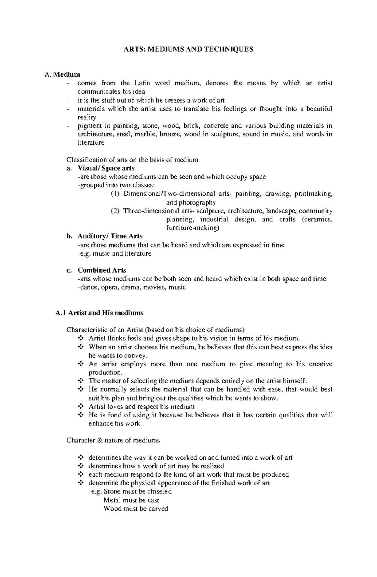 Hand-outs-arts medium and technique - ARTS: MEDIUMS AND TECHNIQUES A ...