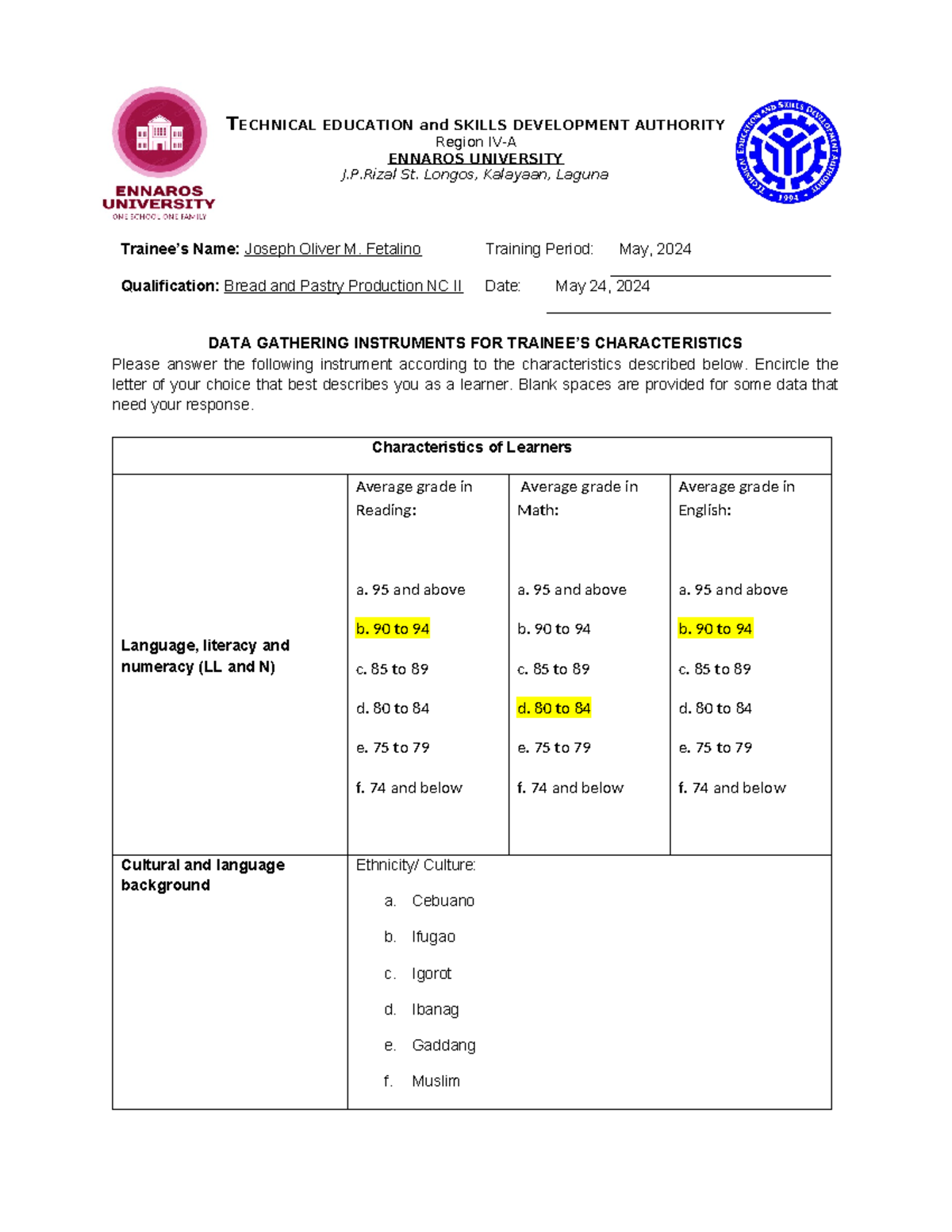 Trainee's Characteristics Form R.A.M done - TECHNICAL EDUCATION and ...