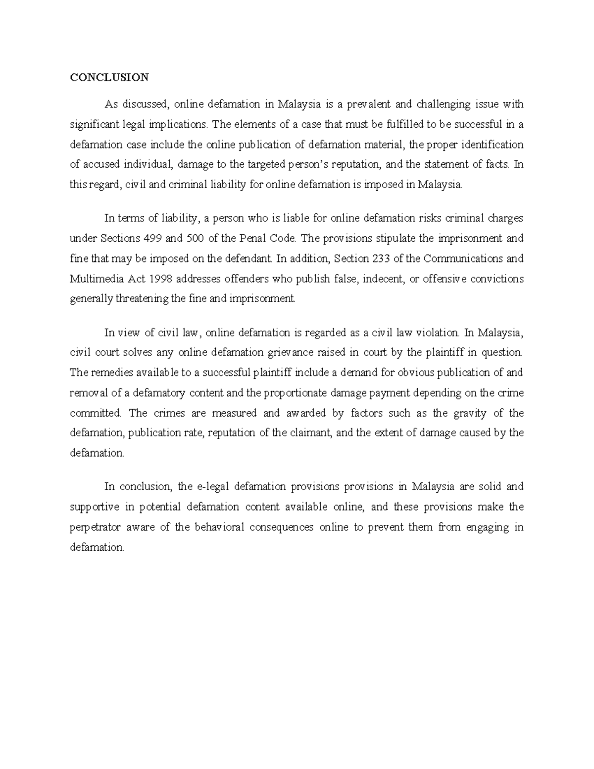 Business Law - Conclusion - CONCLUSION As discussed, online defamation ...