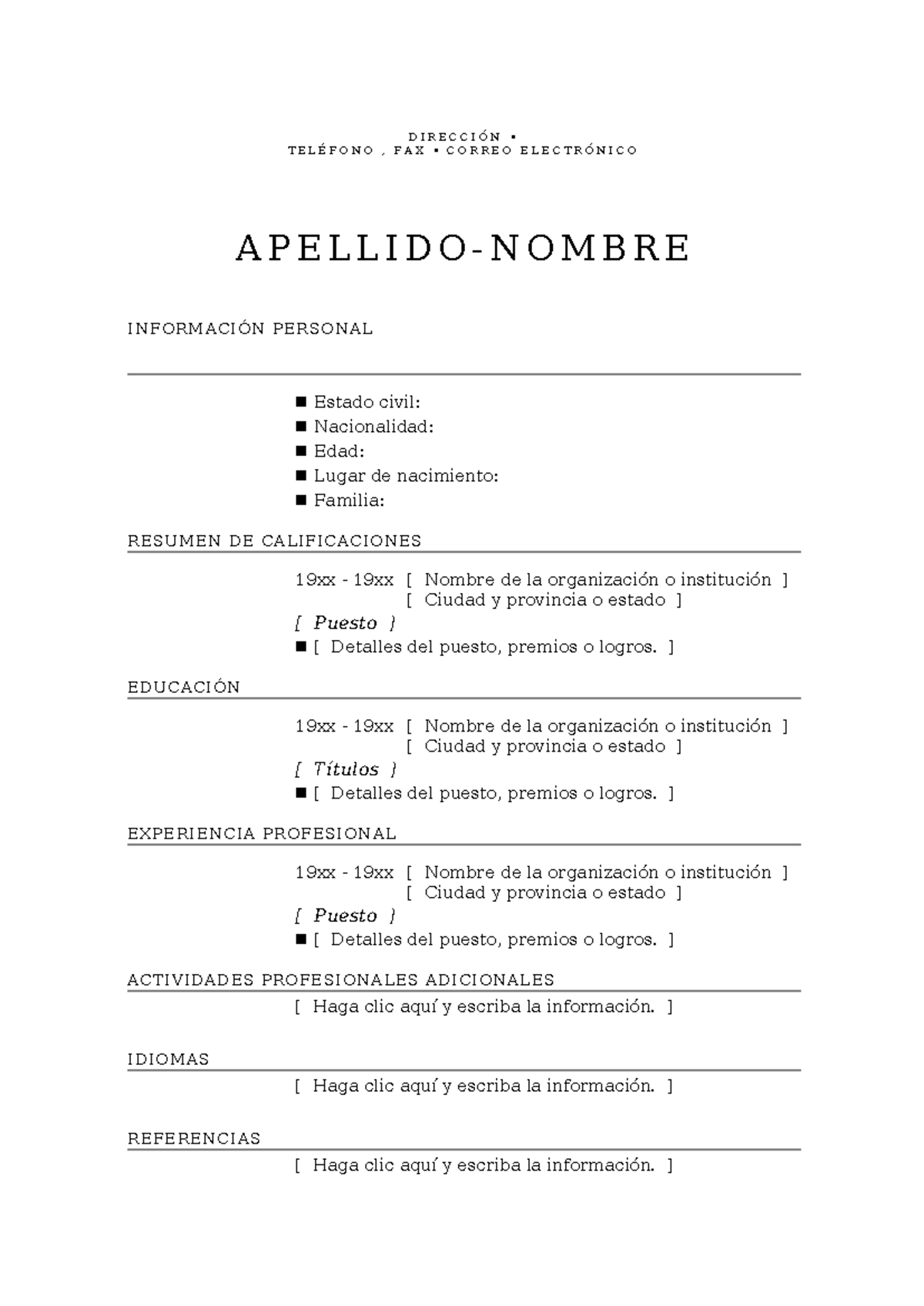 Formato de curriculo - D I R E C C I Ó N • T E L É F O N O , F A X • C ...