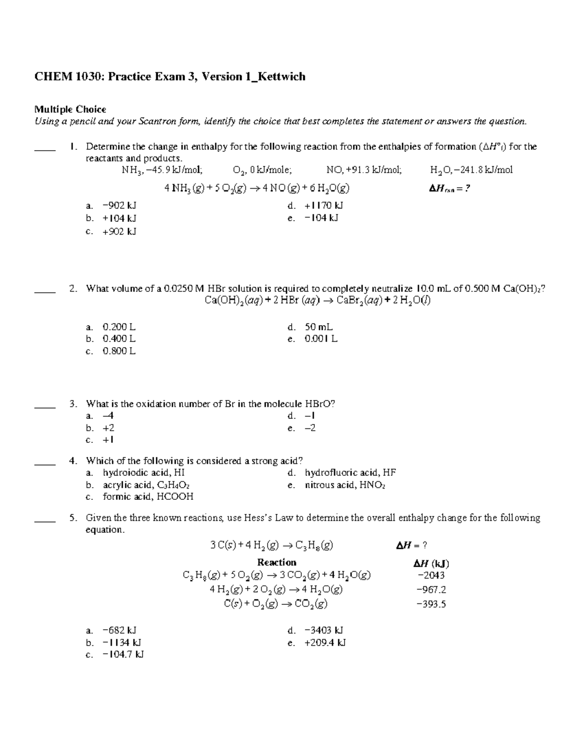 Practice Exam 3 - exam - CHEM 1030: Practice Exam 3, Version 1_Kettwich ...