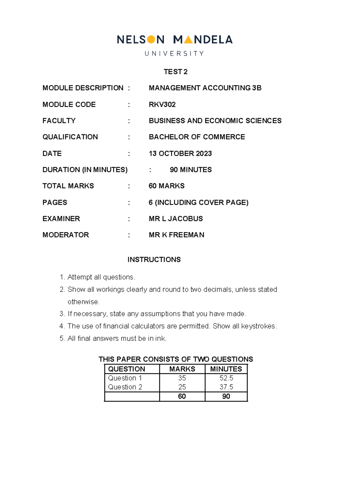 Final RKV302 TEST 2 Q 2023 - TEST 2 MODULE DESCRIPTION : MANAGEMENT ...