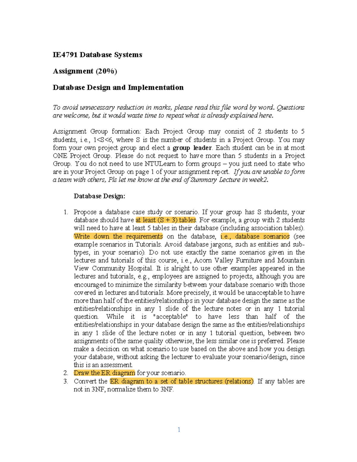 IE Project Assignment 28Dec - IE4791 Database Systems Assignment (20%) Database Design and - Studocu
