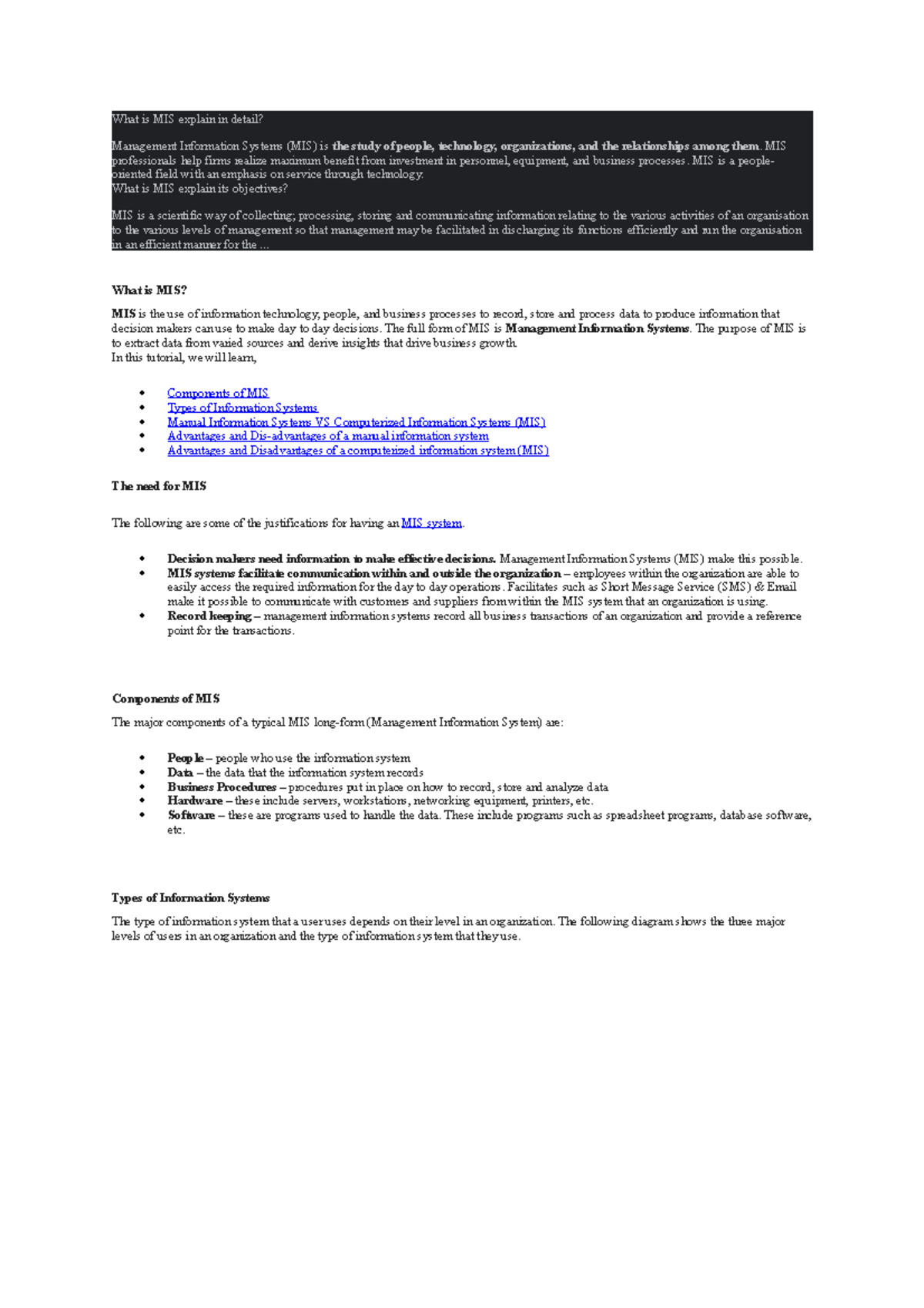 Mis final - What is MIS explain in detail? Management Information ...