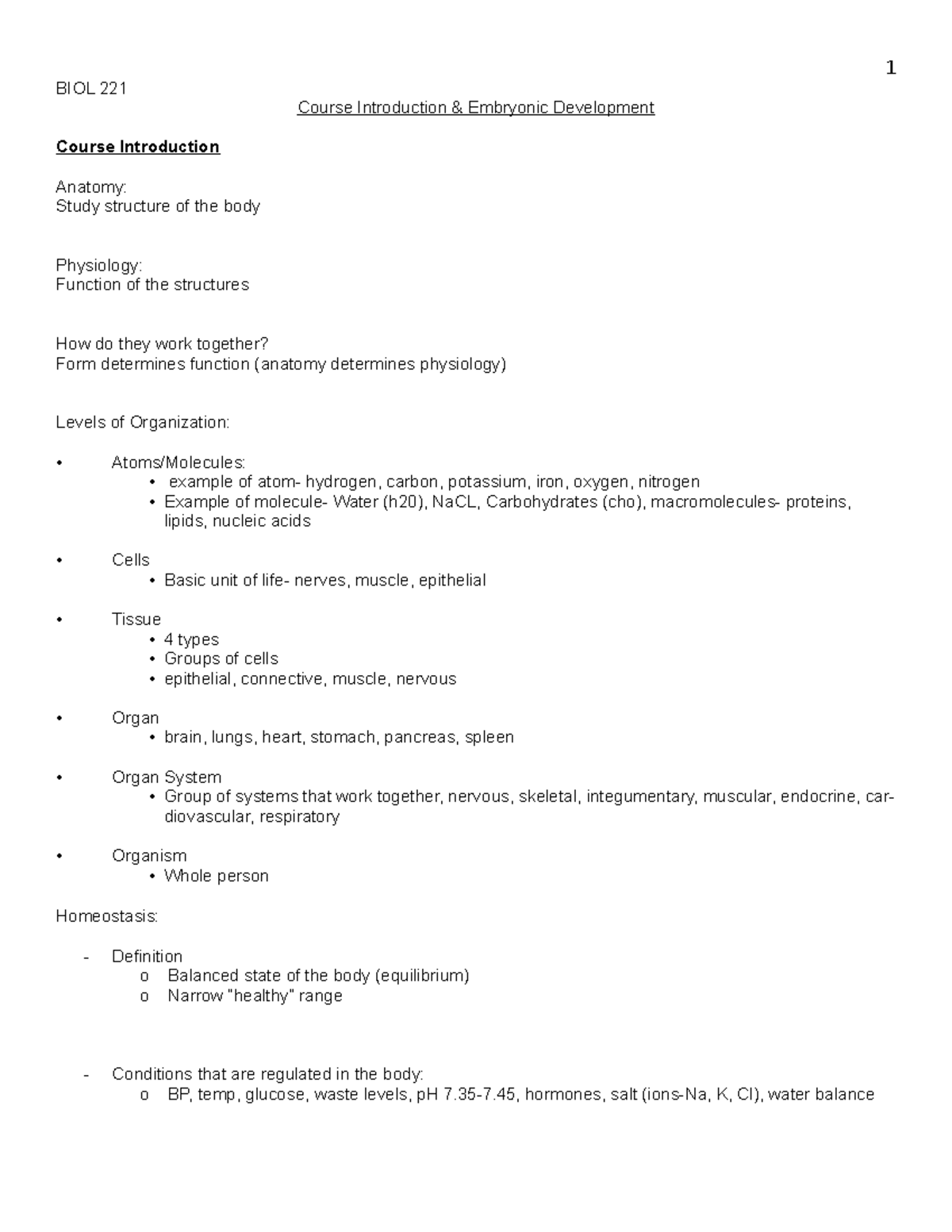 A&P unit 1 lecture 1 - 1 BIOL 221 Course Introduction & Embryonic Development Course - Studocu