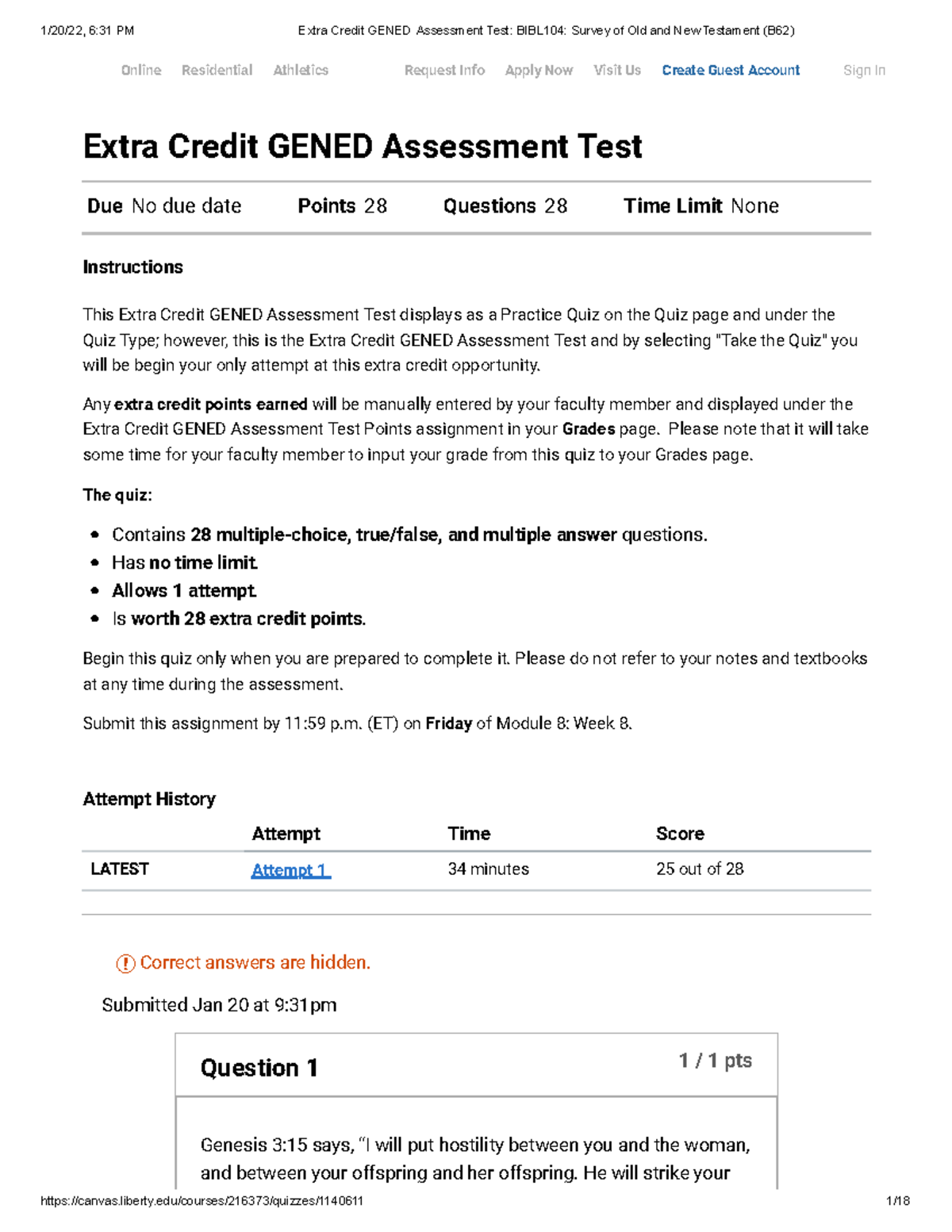 Extra Credit Gened Assessment Test BIBL104 Survey of Old and New ...